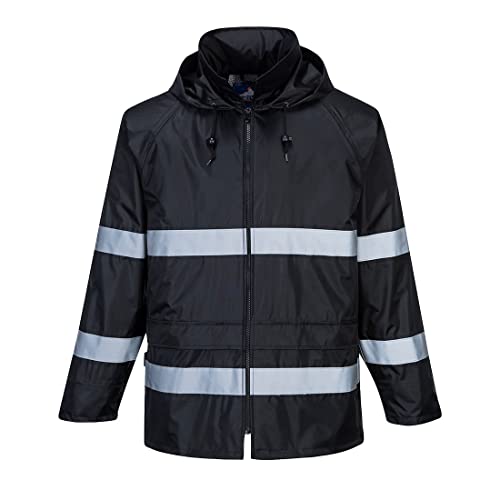 Portwest F440 Men's Hi Vis Waterproof Rain Jacket - Classic Iona Reflective Rain Jacket Black, Large