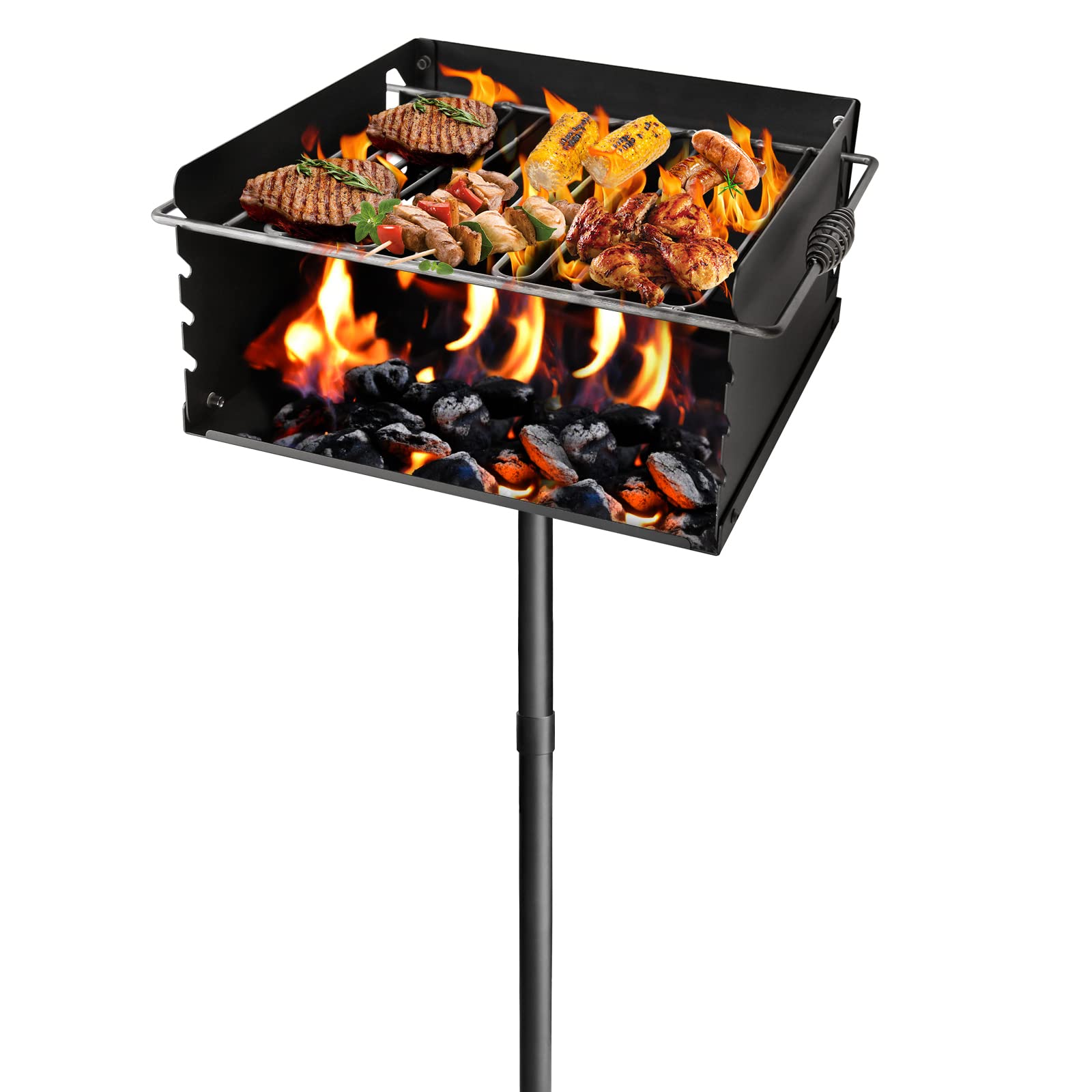KODOM Park-Style Charcoal Grill, 16x16x8 Inch Heavy Duty Steel Outdoor BBQ Grill with Grate, Single Post Carbon Steel Park Grill for BBQ, Camping, Backyard