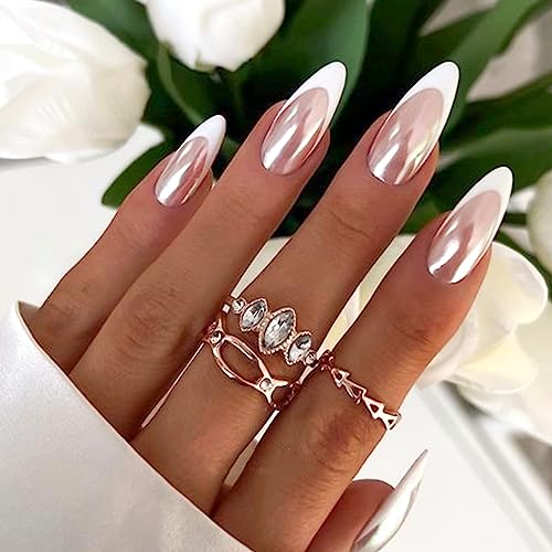 YOSOMK French Tip Press on Nails Almond Medium Fake Nails with Chrome Designs Glossy Nude False Nails Mirror Glue on Acrylic Nails for Women