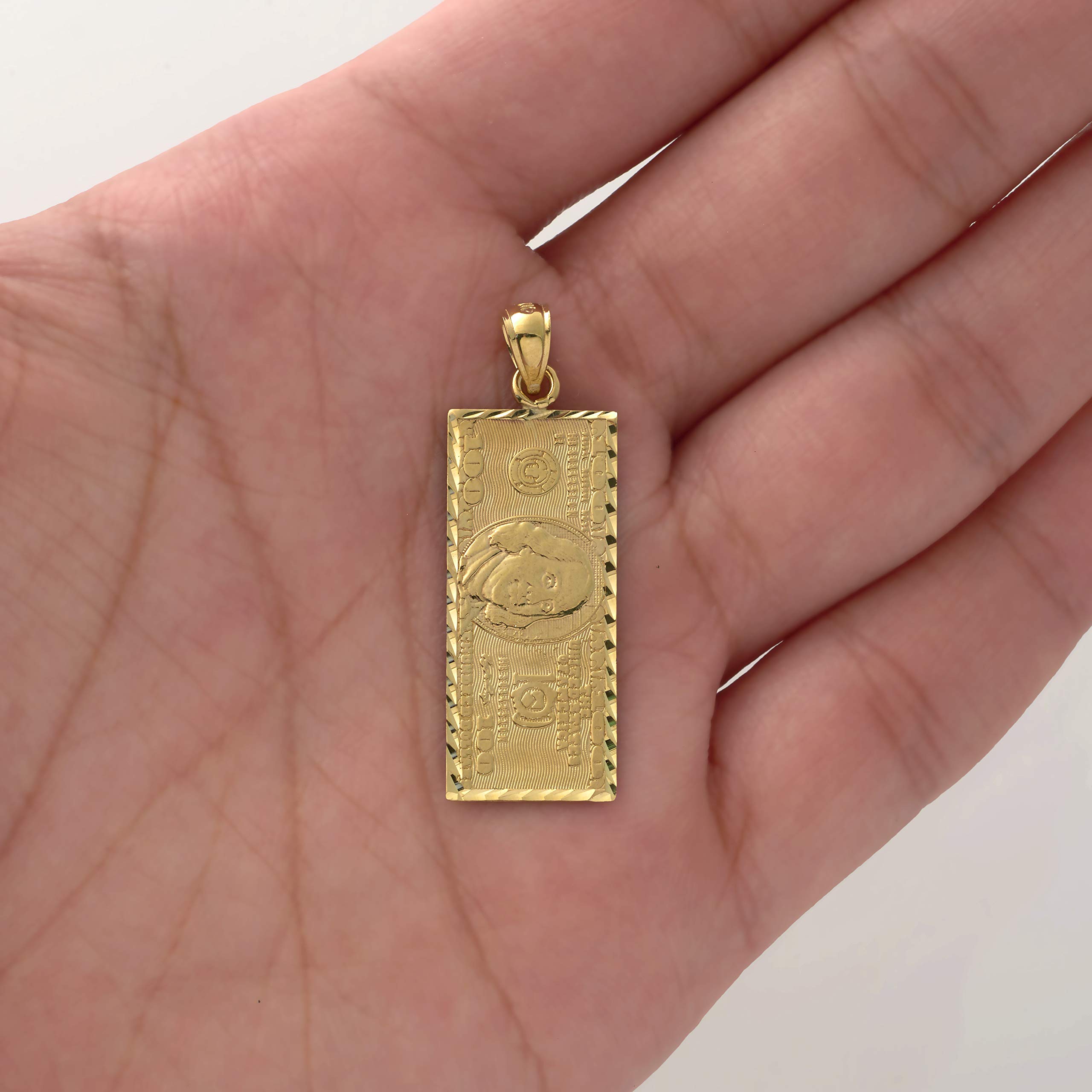 LoveBling 10K Yellow Gold Hundred Dollar Bill, Benjamin Franklin, Back to Back Charm Pendant (1.45" x 0.47")