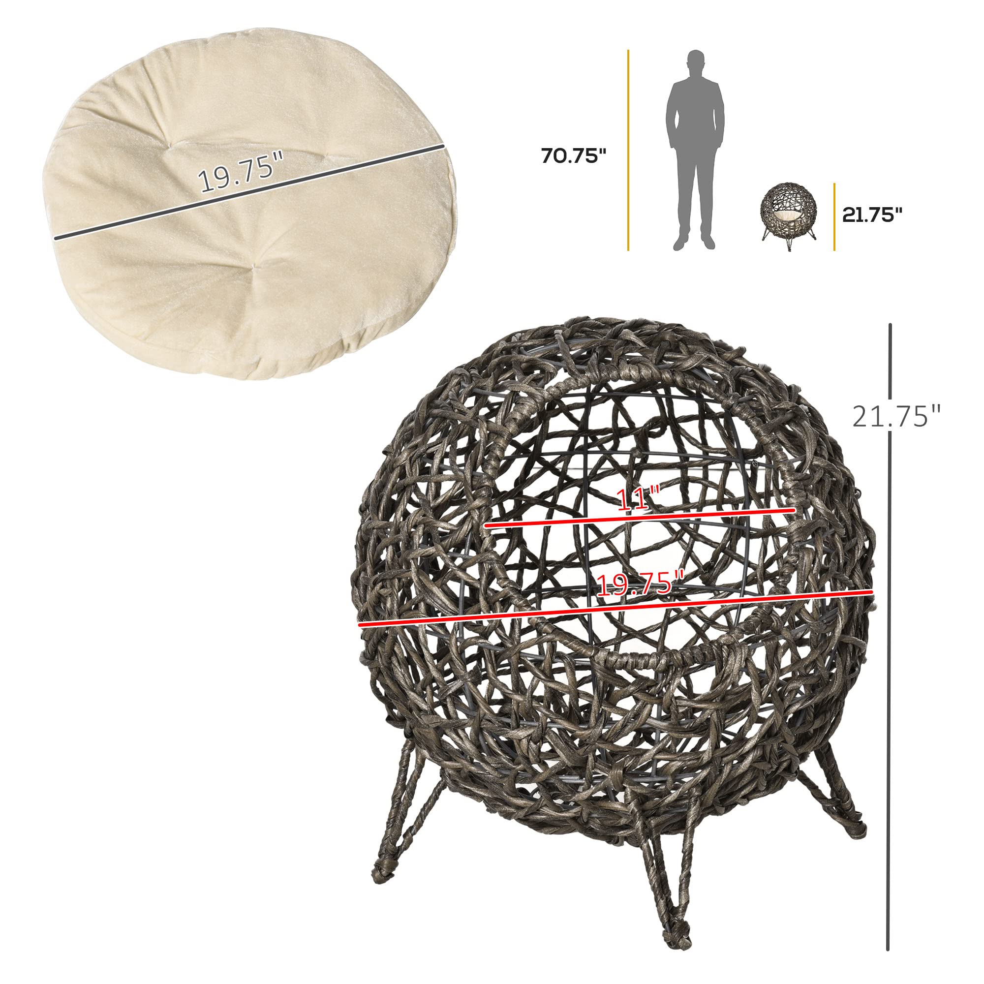 PawHut 20.5" Rattan Cat Bed, Kitten House, Elevated Round Condo for Comfort and Circulation with Cushion, Round Design
