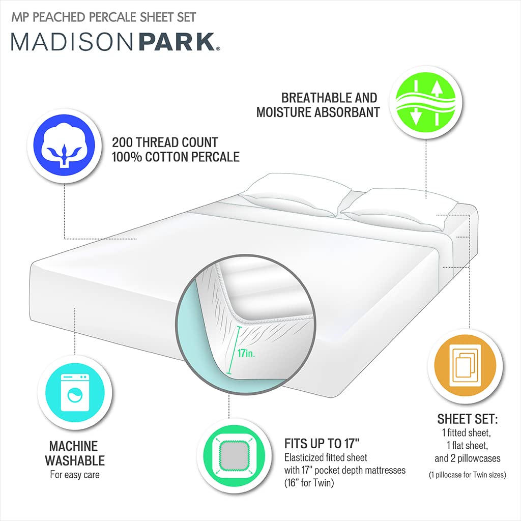 Madison Park 100% Cotton Percale Brushed Highly Breathable Moisture Absorbing 4 Piece Sheet Set, King Size, Khaki