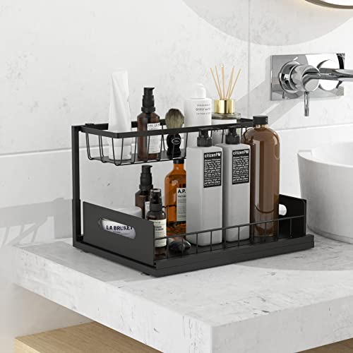 NLBTW Under Sink Organizer and Storage, 2 Tier Bathroom Kitchen Cabinet Shelf Organizers Shelves Cleaning Supplies Organization with Pull-Out Sliding Drawer (Black)