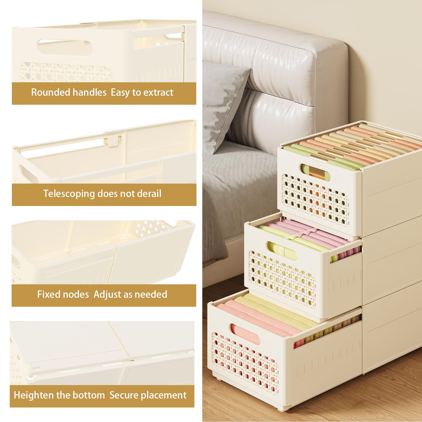 Yawinhe Retractable Plastic Storage Bins with Handles, Expandable Stackable Storage Baskets, 3pack Organization and Storage Containers Organizers for Closet Pantry Cabinet, 11-18.5x7.9x5.9in