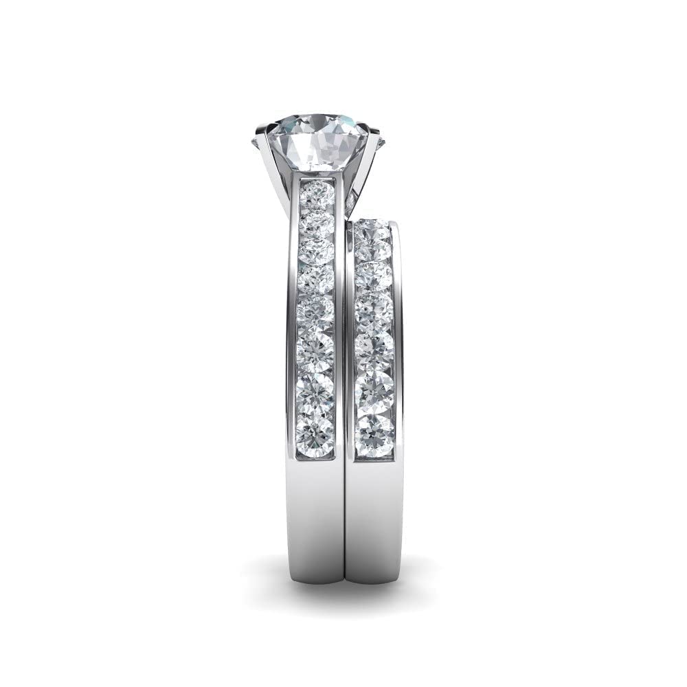 PREVELI 1.0ct-2.0ct Moissanite Channel-set ENGAGEMENT RING & WEDDING BAND BRIDAL SET in Platinum Plated Silver SIZE 5.5