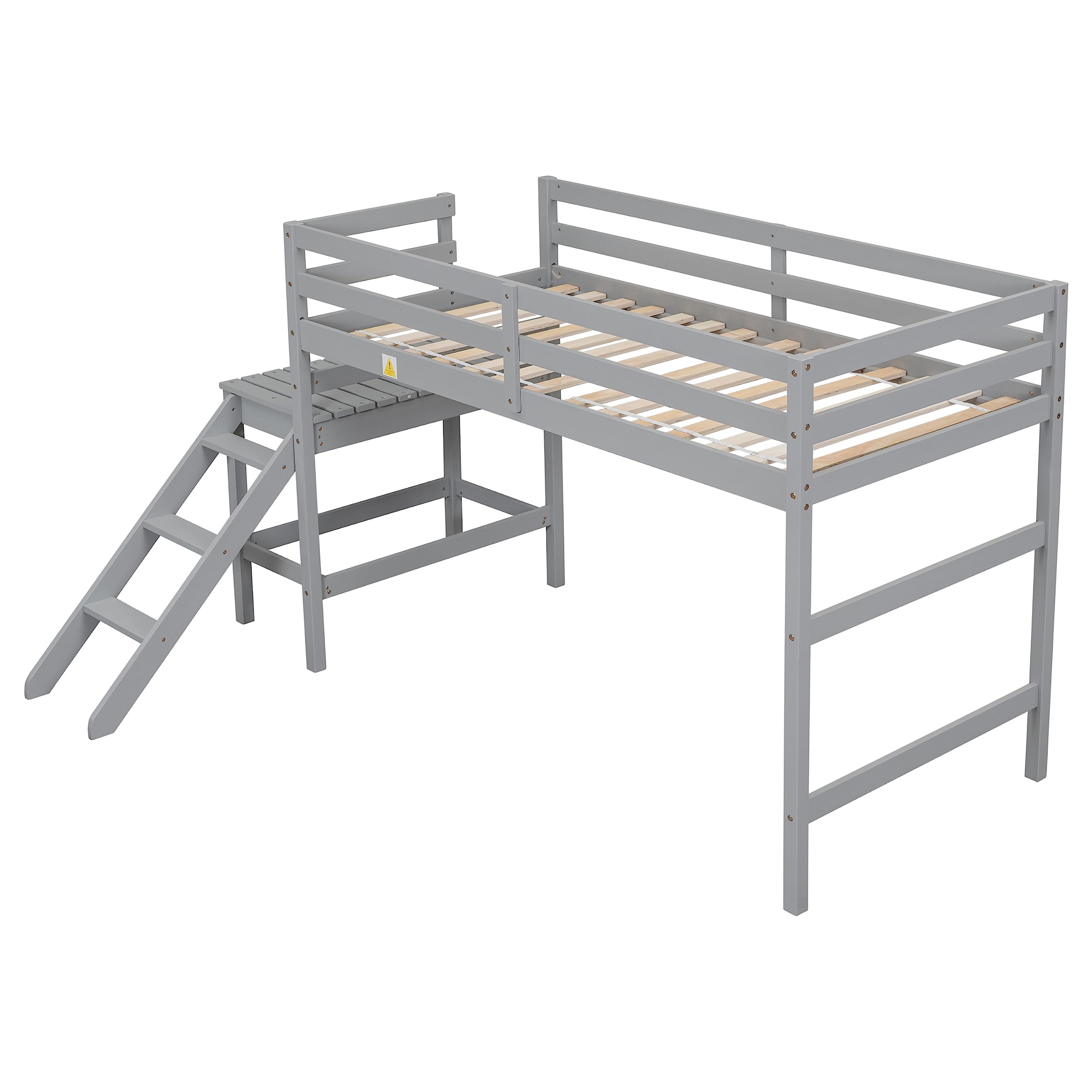 Lifeand Twin Loft Wooden Bed with Platform,Ladder,Grey