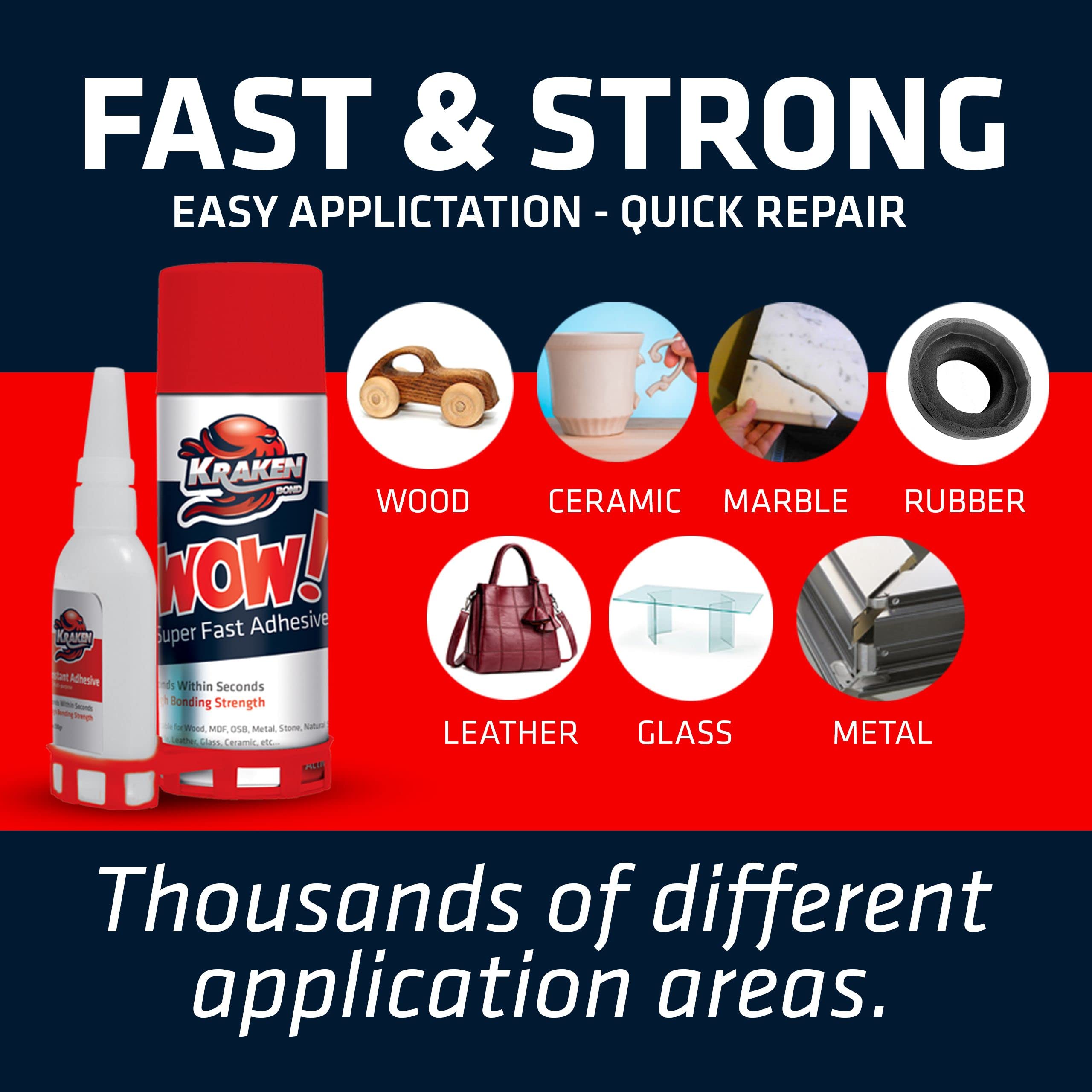 Kraken Bond Wow! CA Glue (2 x 1.75 oz.) with Spray Adhesive Activator (2 x 6.75 fl oz.) - Cyanoacrylate Glue, CA Glue with Activator, CA Glue for Woodworking, Crazy Glue, Craft Glue | 2 Pack
