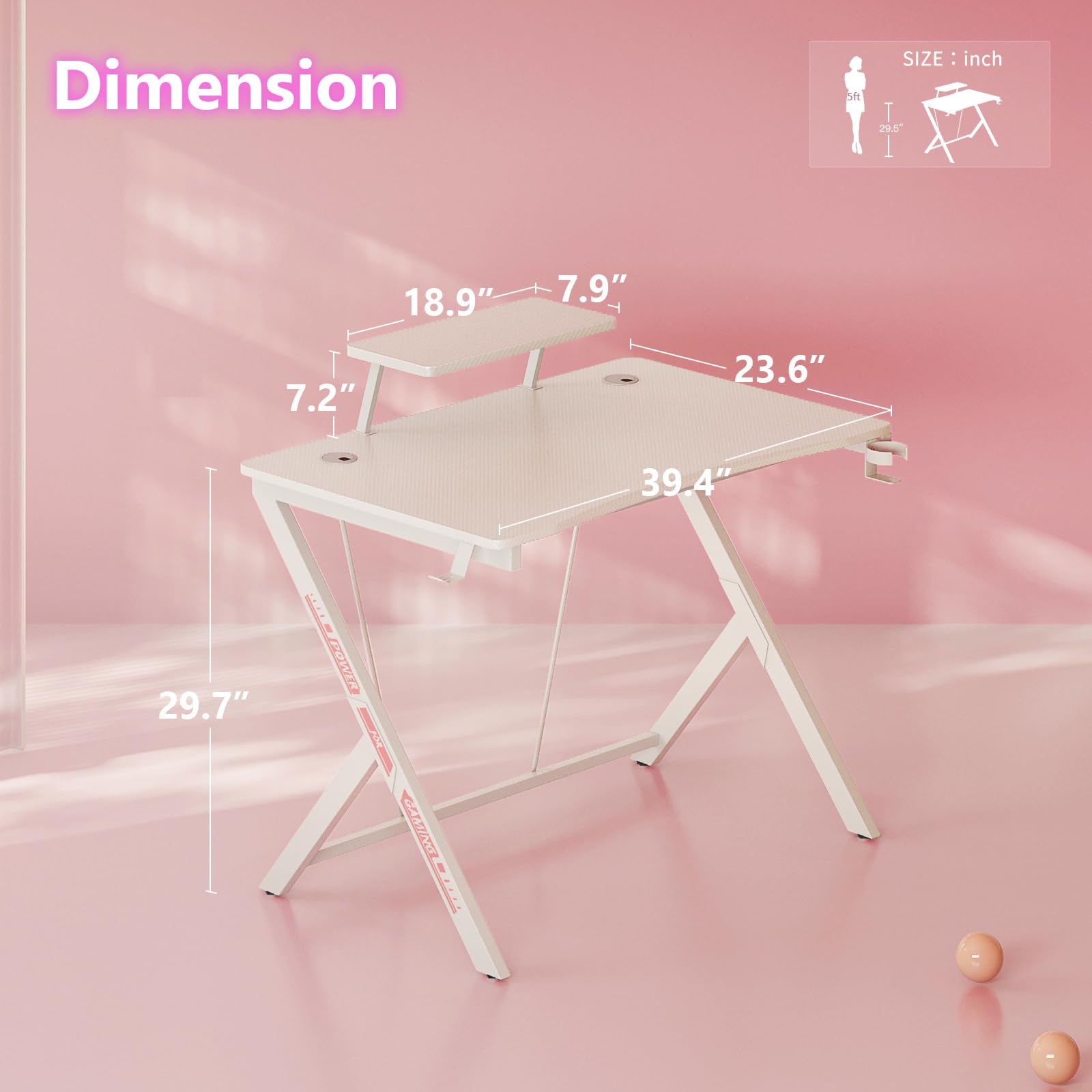 MOTPK Gaming Desk 60" with Monitor Shelf Gaming Table Desk for Girls Home Computer Desk with Cup Holder and Headphone Hook Gamer Workstation Game Table, Pink