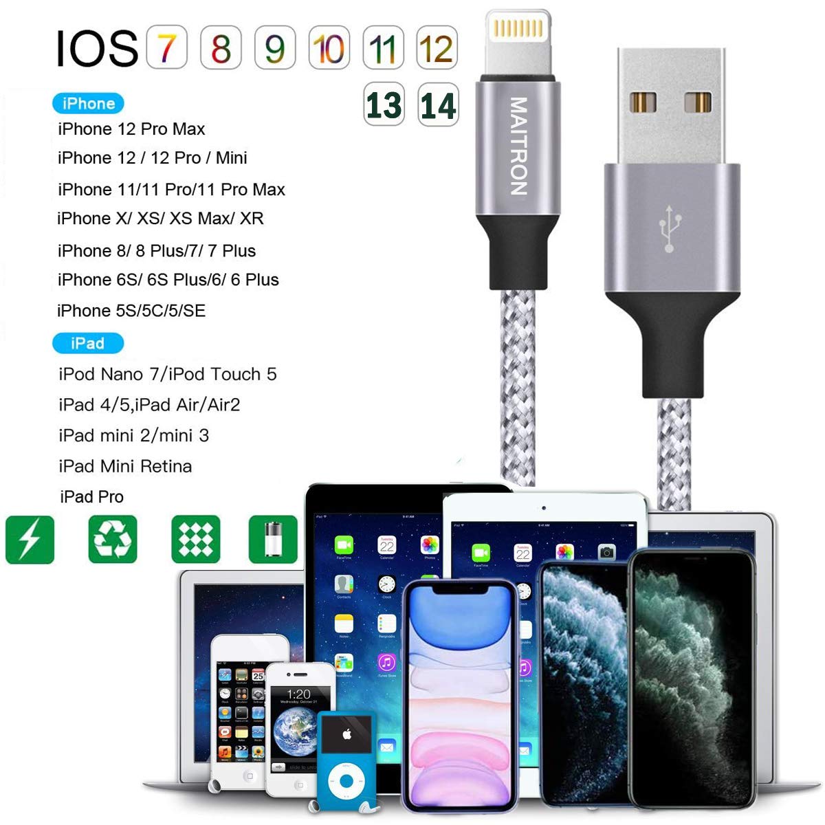 Maitron iPhone Charger, Lightning Cable 3PACK 6FT Nylon Braided USB Charging Cable High Speed Connector Data Sync Transfer Cord Compatible with iPhone 13/12/11/Xs Max/X/8/7/Plus/6S/6/SE/5S iPad
