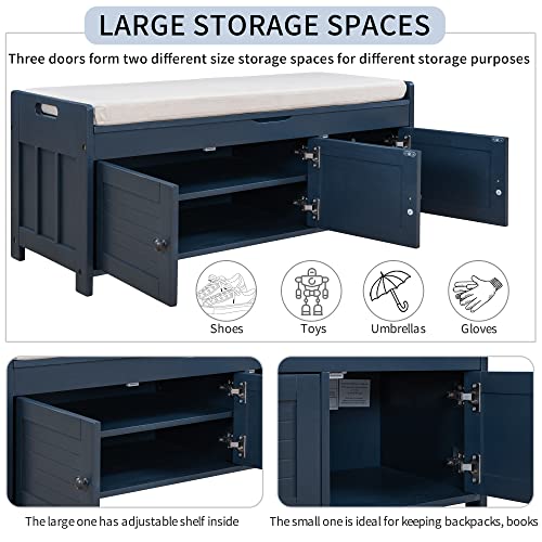 Lifeand, Shoe Removable Cushion and Hidden Space Storage Bench with 3 Shutter-Shaped Doors, 1, Antique Navy