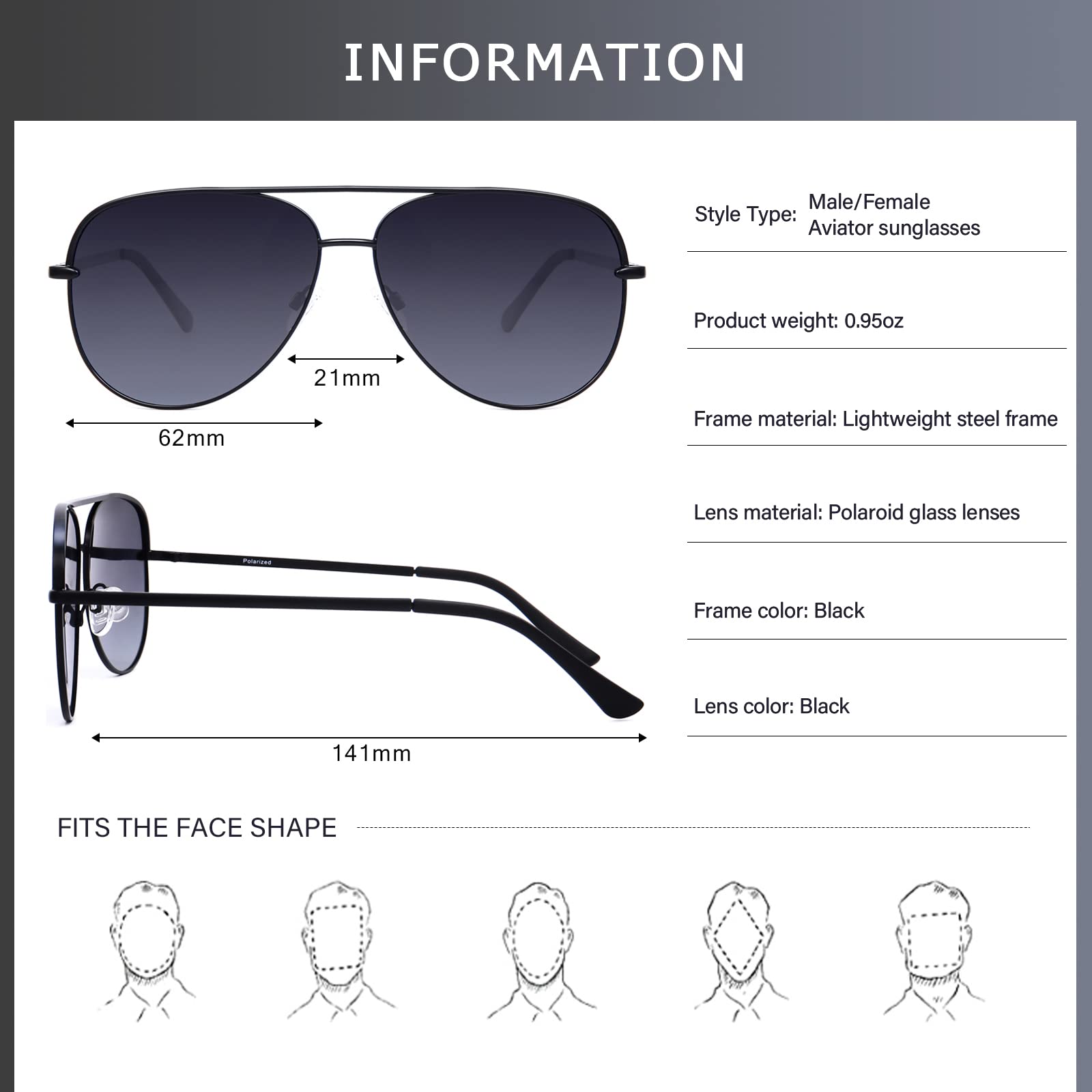 Sahouna Oversized Aviator Sunglasses for Women Men Polarized Sunglasses UV Protection Large Metal Frame Gradient Black
