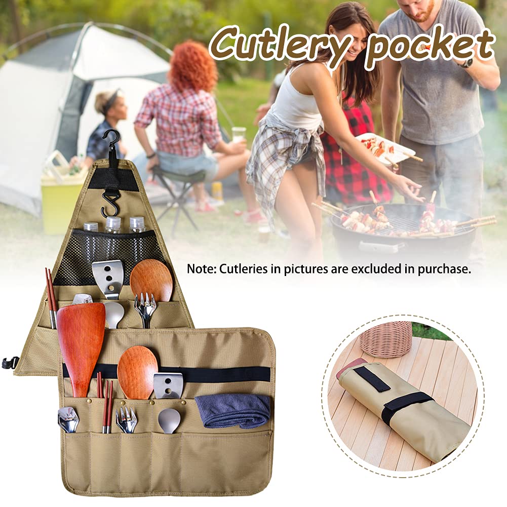 PWPAM Camping Tableware Storage Bag Picnic Cutlery Organizer Bag Cooking Utensils Hanging Bag (Square)