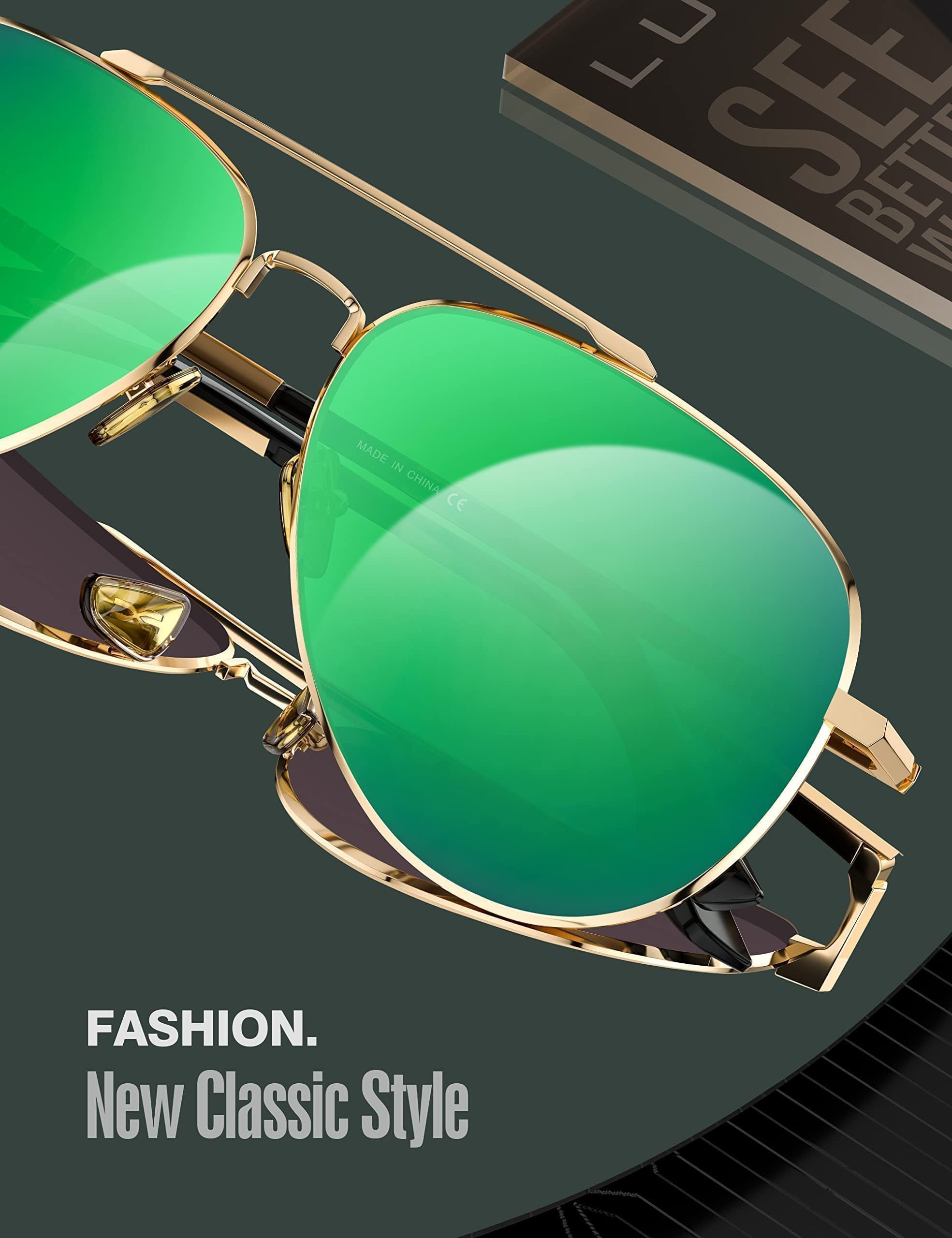 LUENX Men Aviator Sunglasses Polarized Womens Mirror Green Lens Metal Gold Frame Driving Shades Classic Style