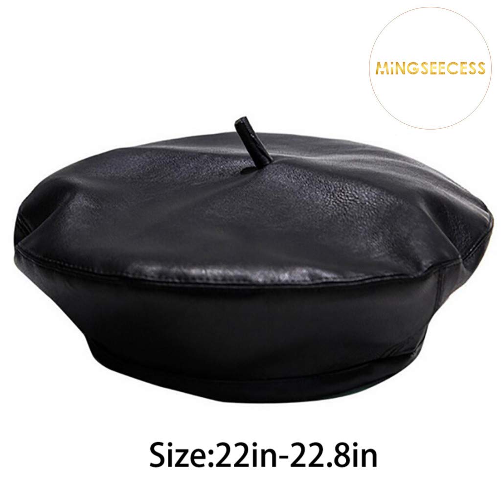 MINGSEECESS Women PU Leather French Black Beret Hat Causal Beanie Hat