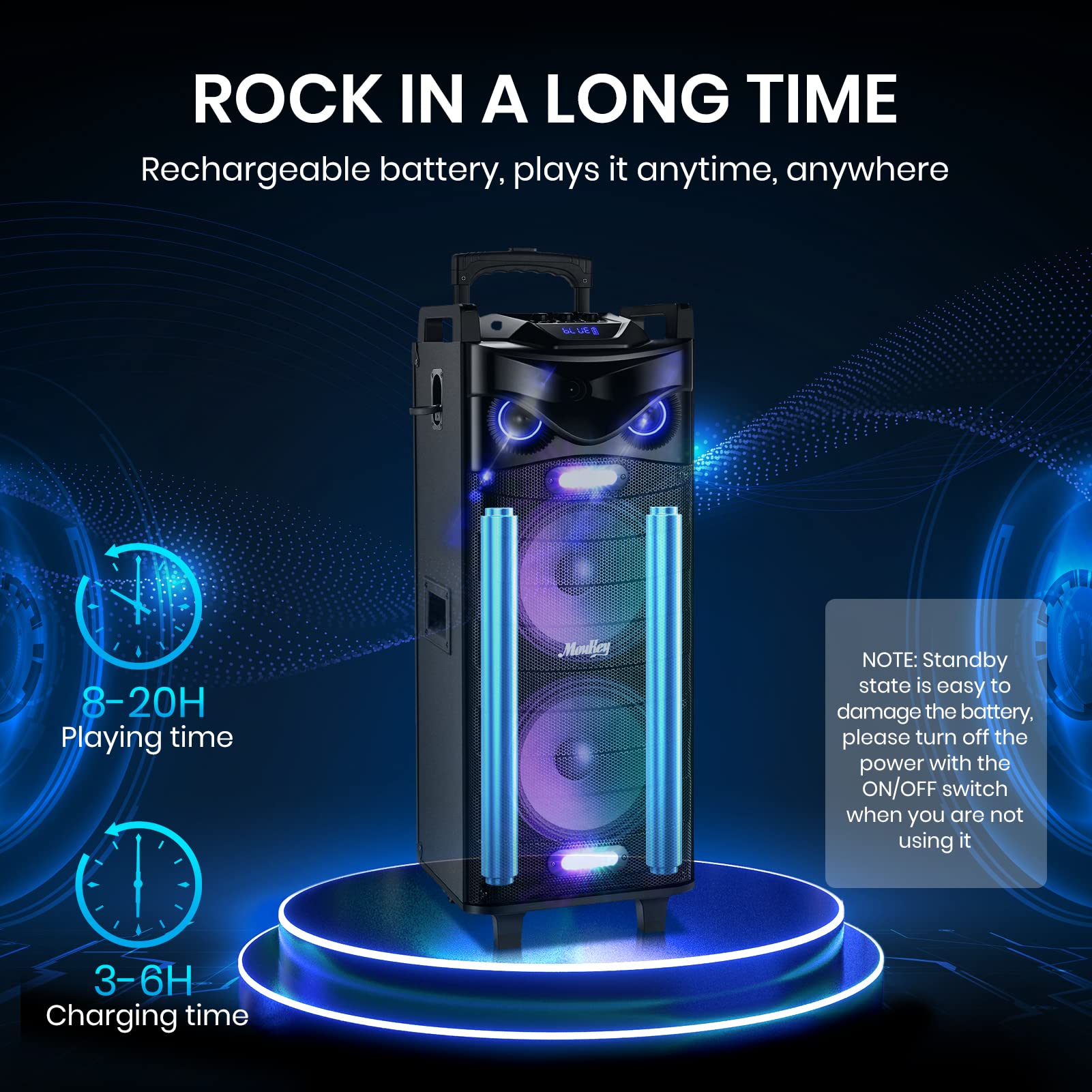 Moukey Karaoke Machine, PA System Double Woofer for Party, Portable Bluetooth Speaker w/ 2 Wireless Microphone, Disco Lights and Echo/Treble/Bass Adjustment, Support TWS/REC/AUX/MP3/USB/TF/FM