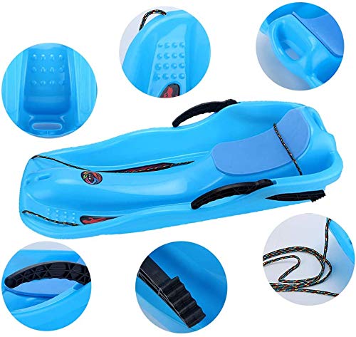 Snow Sled Plastic Toboggan Downhill Pull Sled with Brakes Pulling Rope and Two Handles,Durable Kids Adults Sledding Board for Winter Outdoor Fun (Blue)