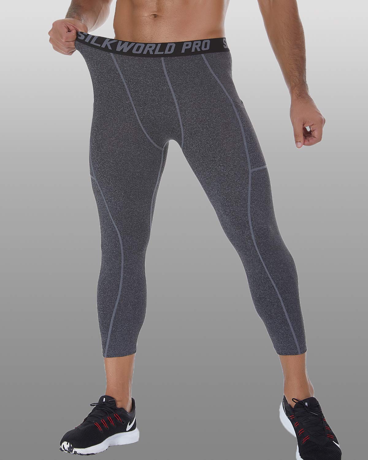 SILKWORLD Men's Compression Pants Lengging Cool Dry Athletic Base Layer Workout Tights with Pockets,835_Capri_Hemp Grey(Pockets),Small