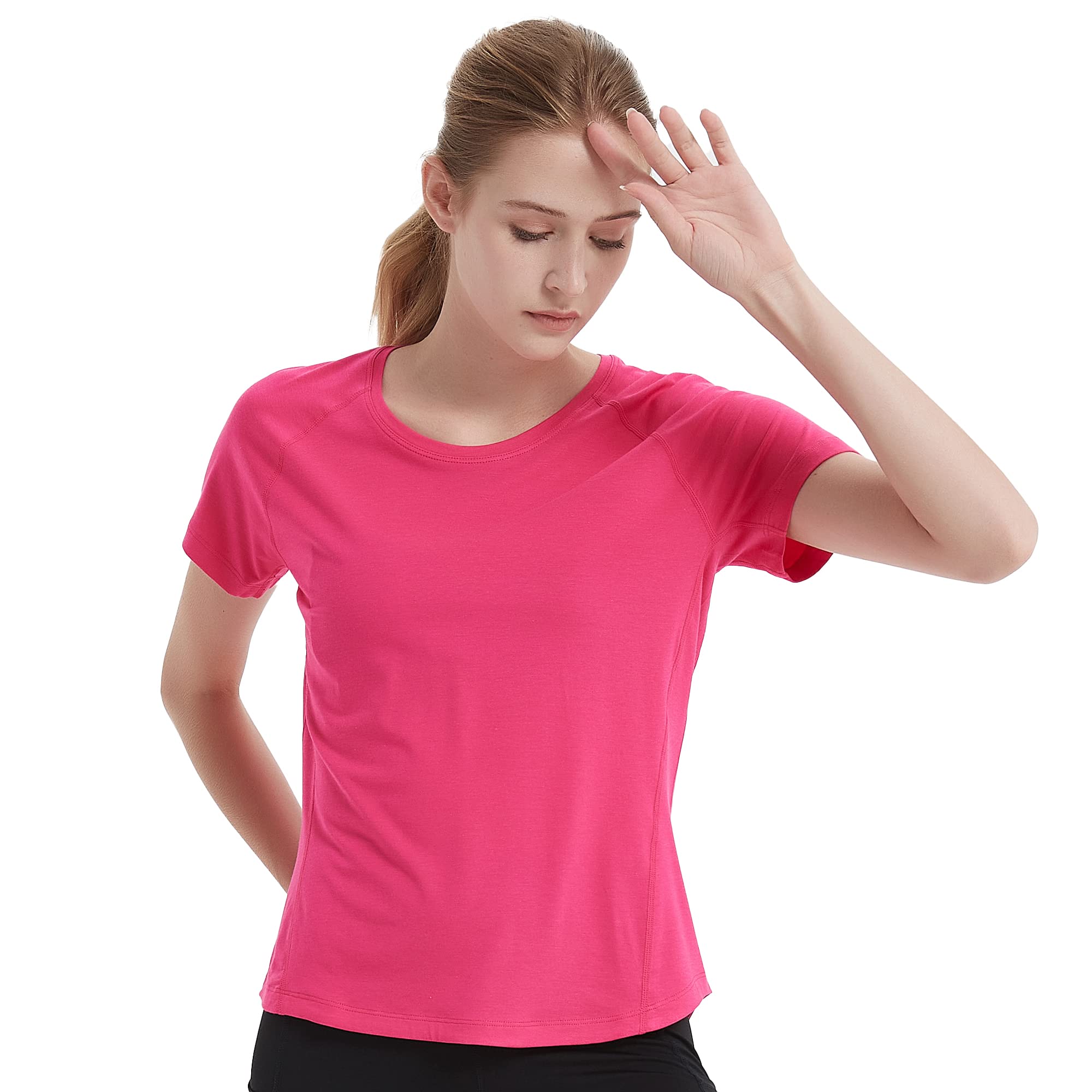 netdraw Women's Ultra-Soft Bamboo Workout T-Shirt Seamless Yoga Running Gym Athletic Casual Short Sleeve Tops(Rose Red, Medium)