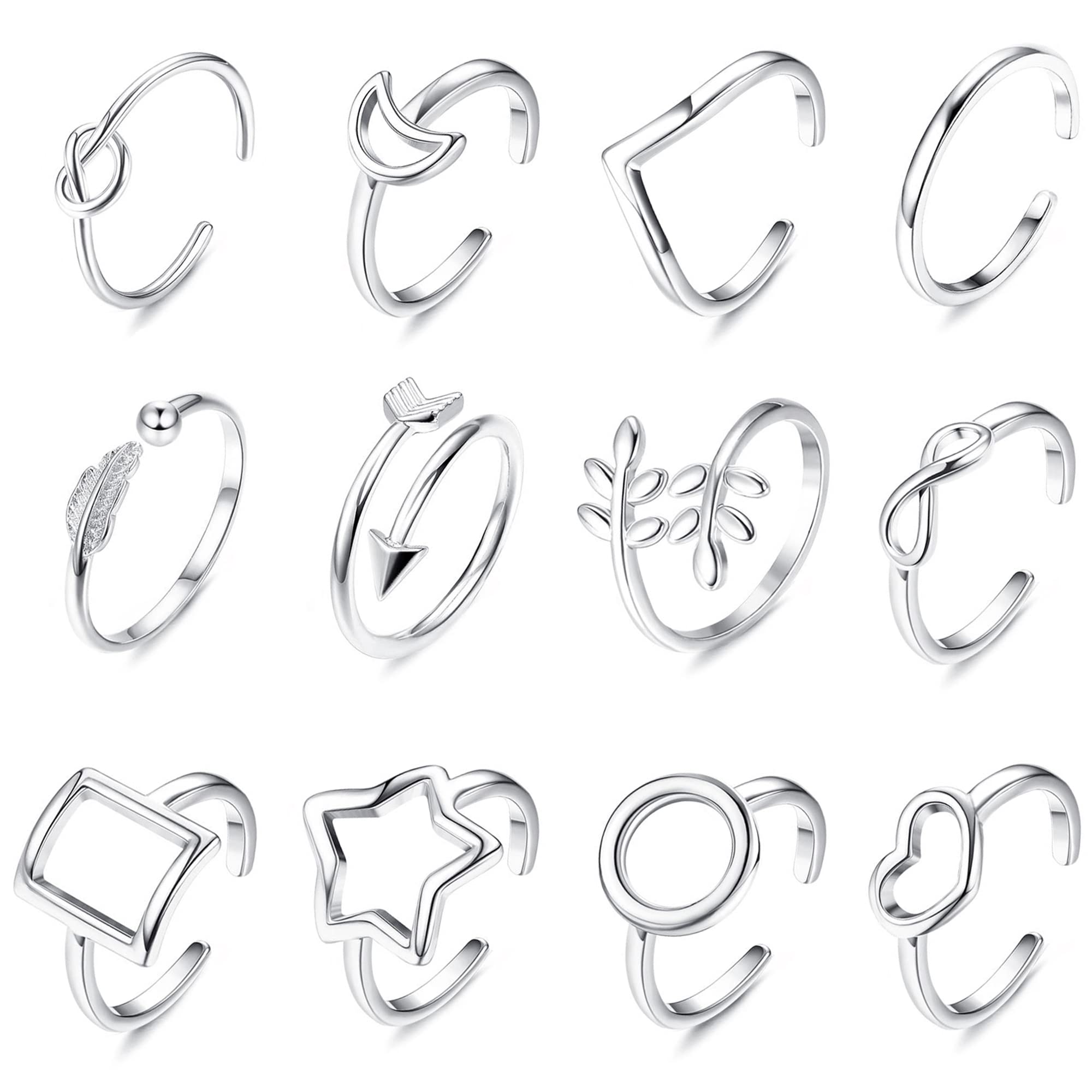 Sanfenly 12Pcs Adjustable Rings for Women, Knuckle Stacking Rings, Open Ring, Silver Gold Rose Gold Arrow Knot Wave Star Moon Circle Stackable Thumb Open Ring Set