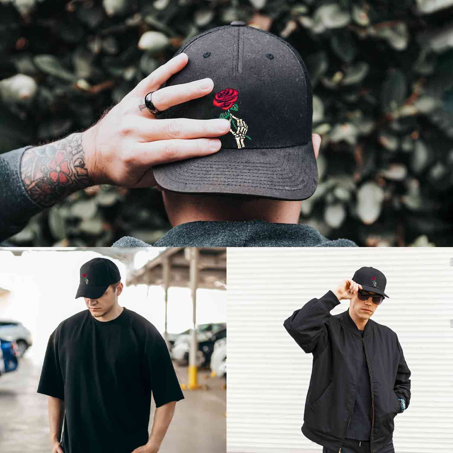 SHITOUPU Rose Skull Hand Baseball Cap,Unisex Dad Cap,Adult Athleisure Cap Adjustable