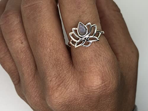 Koral Jewelry Cut Pear Moonstone Lotus Ring 925 Sterling Silver Ethnic Vintage Tribal Gipsy Boho Look (9)