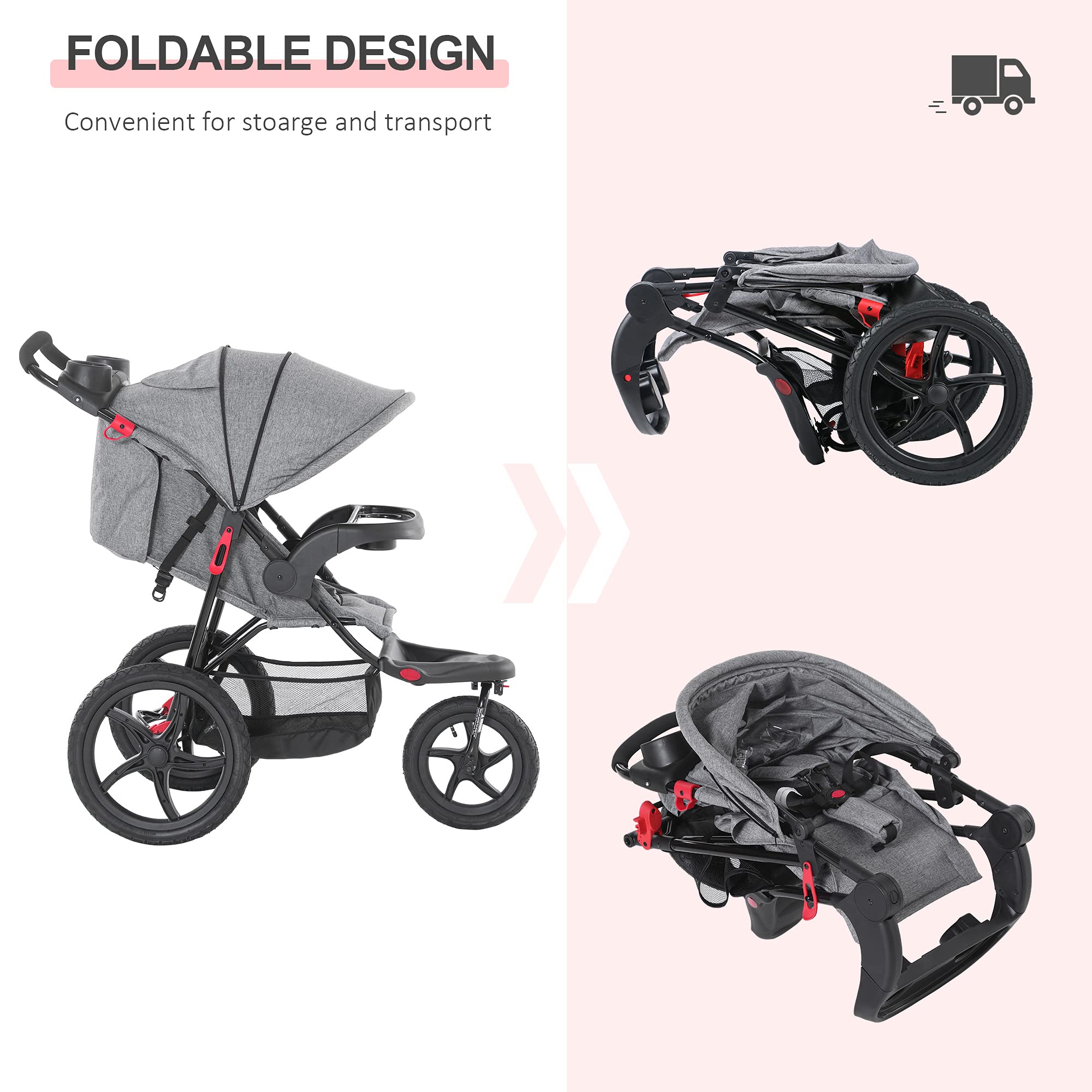 Qaba Baby Stroller Foldable Carriage for Toddler with Adjustable Backrest and Canopy Suspension System Rubber Tire 5-Point Harness Cup Holder Storage Basket Grey