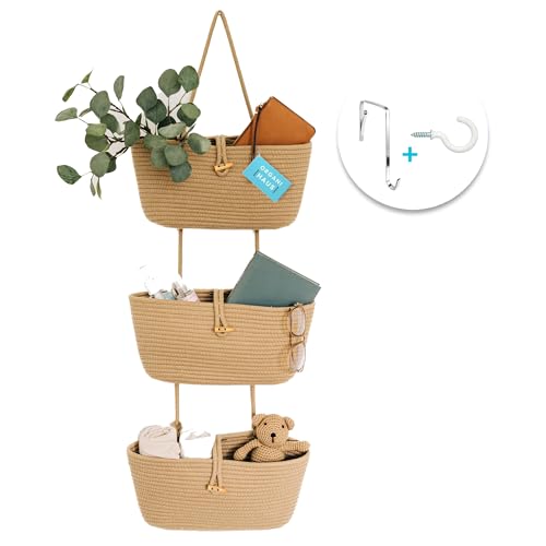 OrganiHaus Woven Hanging Baskets for Organizing | 3-Tier Wall Basket Storage Boho Nursery Closet Organizer Mounted Over the Door Decor - Honey