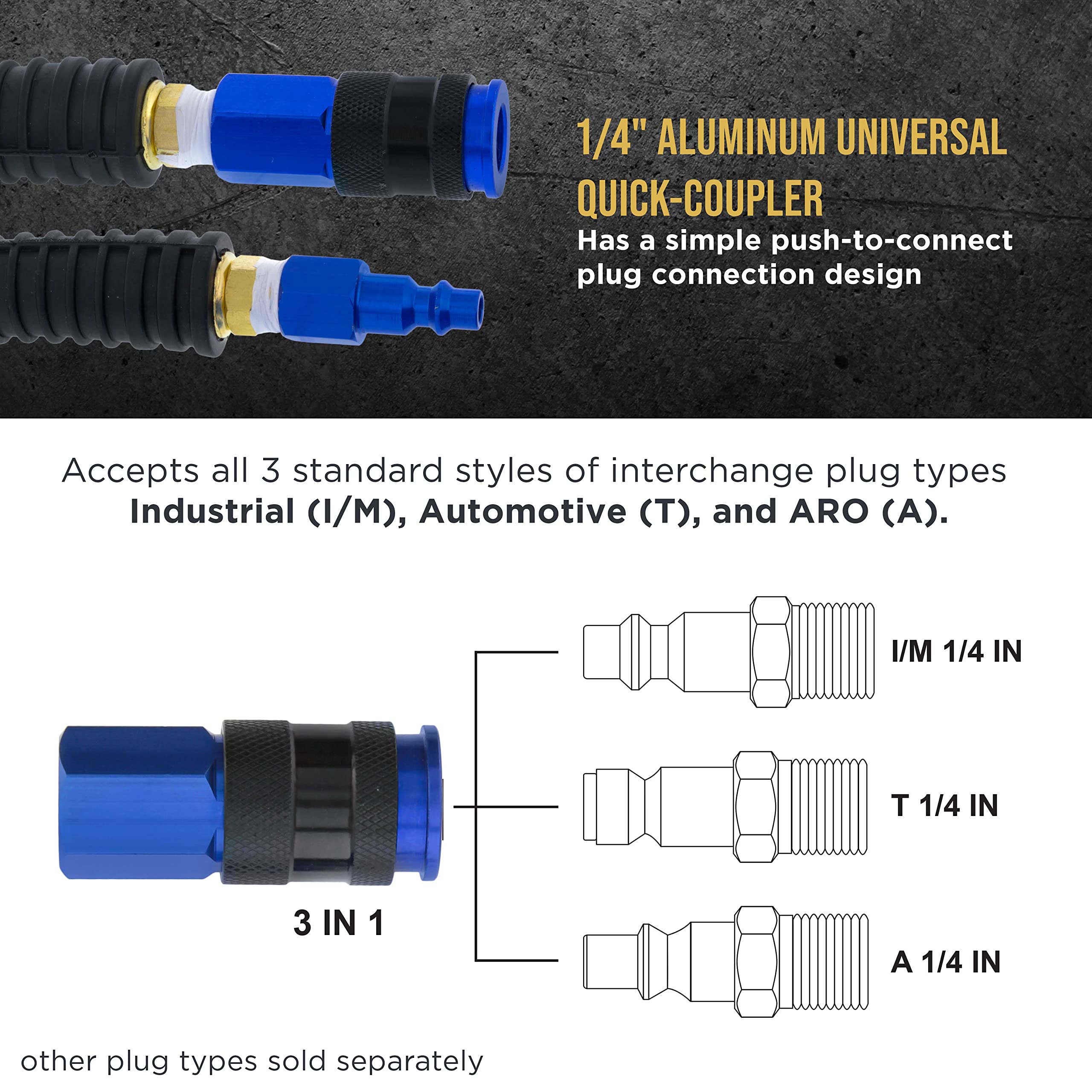 Master Elite Series 1/4" x 25' Polyurethane Recoil Air Hose with Bend Restrictors and 1/4" NPT Male Fitting Ends - Universal Aluminum Quick Coupler, I/M Industrial Plug - Attach Compressors, Air Tools