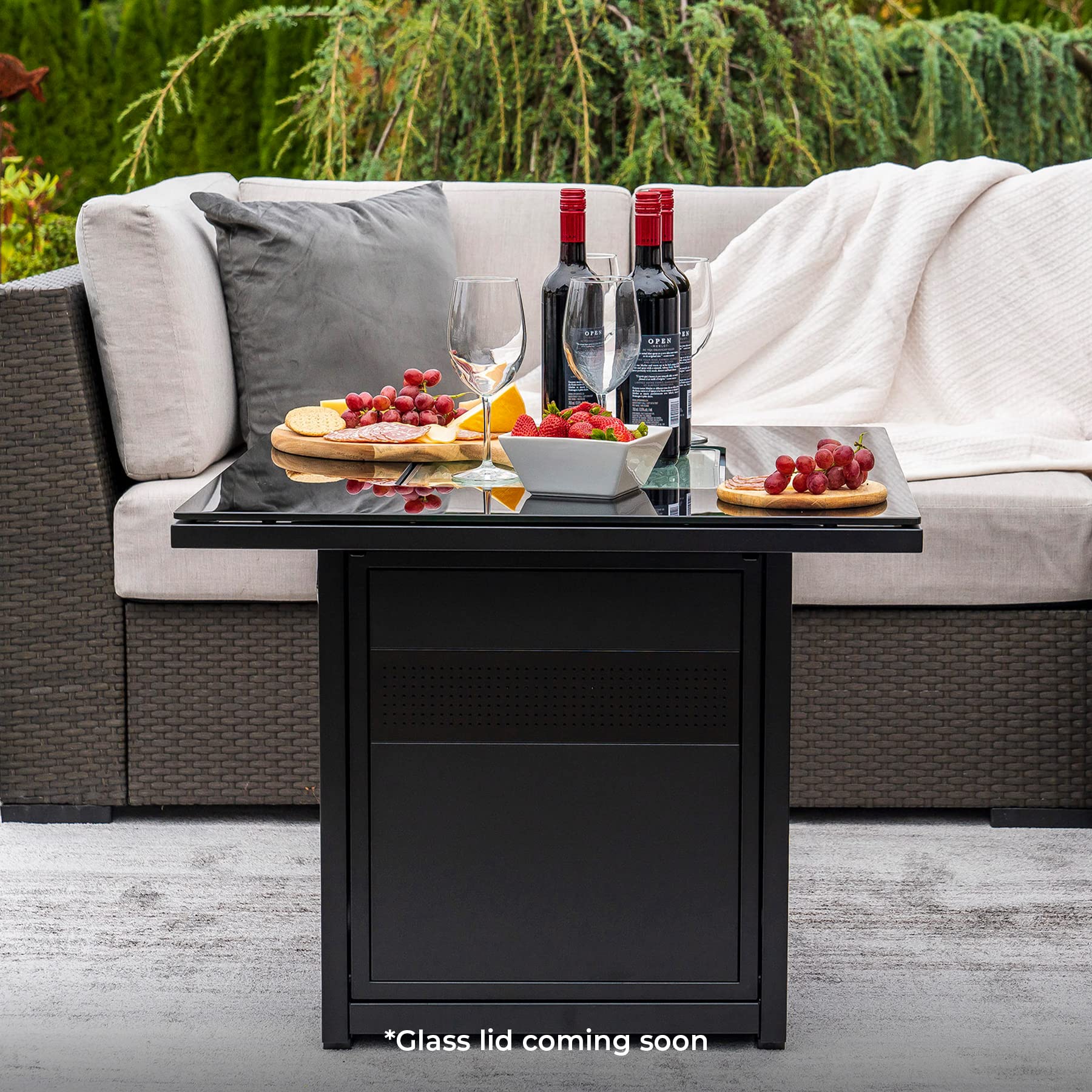 Yaletown 420 Model Square Fire Pit Table for Outside Patio – 30" Small Outdoor Propane Gas Fire Table, Black – with Glass Rocks Set, Pre-Attached 1m Hose and Regulator