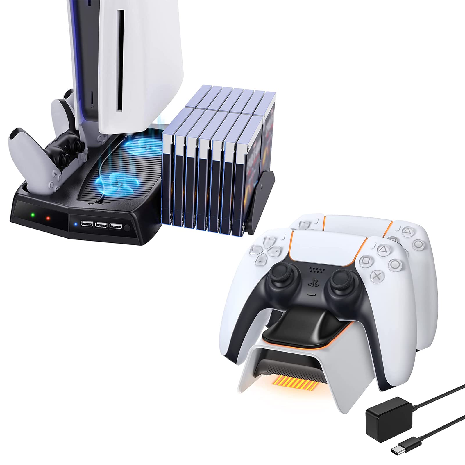 MoKo PS5 Controller Charging Station Kit, 1 PS5 Controller Charging Dock (Black) and 1 PS5 Cooling Stand (Black)