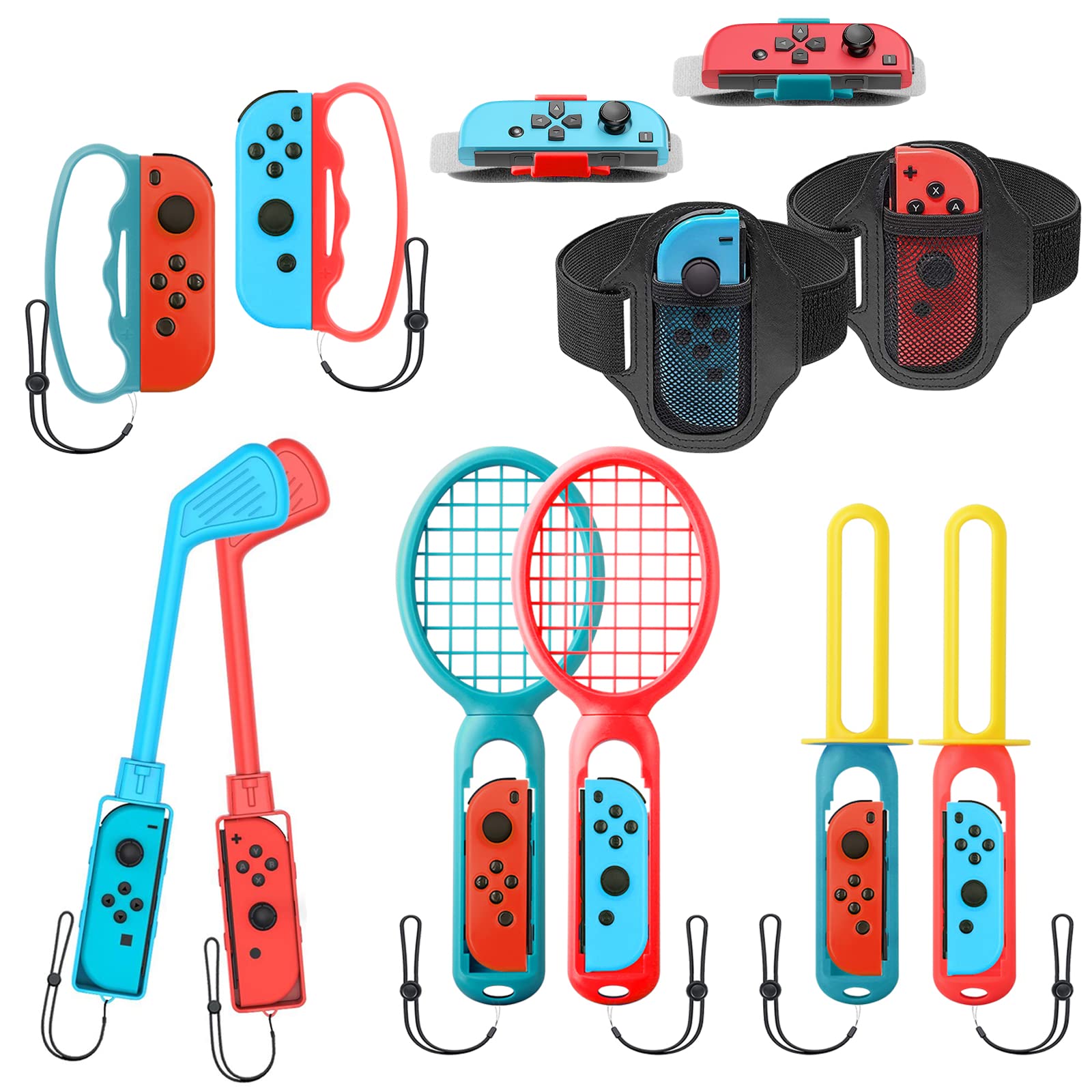 Switch Sports Accessories Bundle For Switch, 12 in 1 Family Accessories Kit with Sword, Grip, Leg Straps, Tennis Rackets, And Wrist Straps