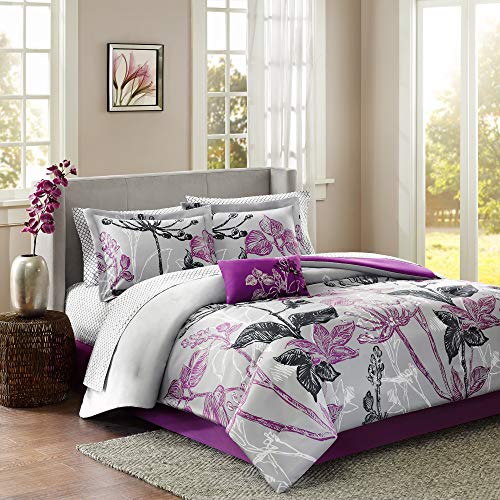 Madison Park Essentials Claremont Twin Size Bed Comforter Set Bed in A Bag - Purple, Grey, Floral – 7 Pieces Bedding Sets – Ultra Soft Microfiber Bedroom Comforters, Twin(68"x86")