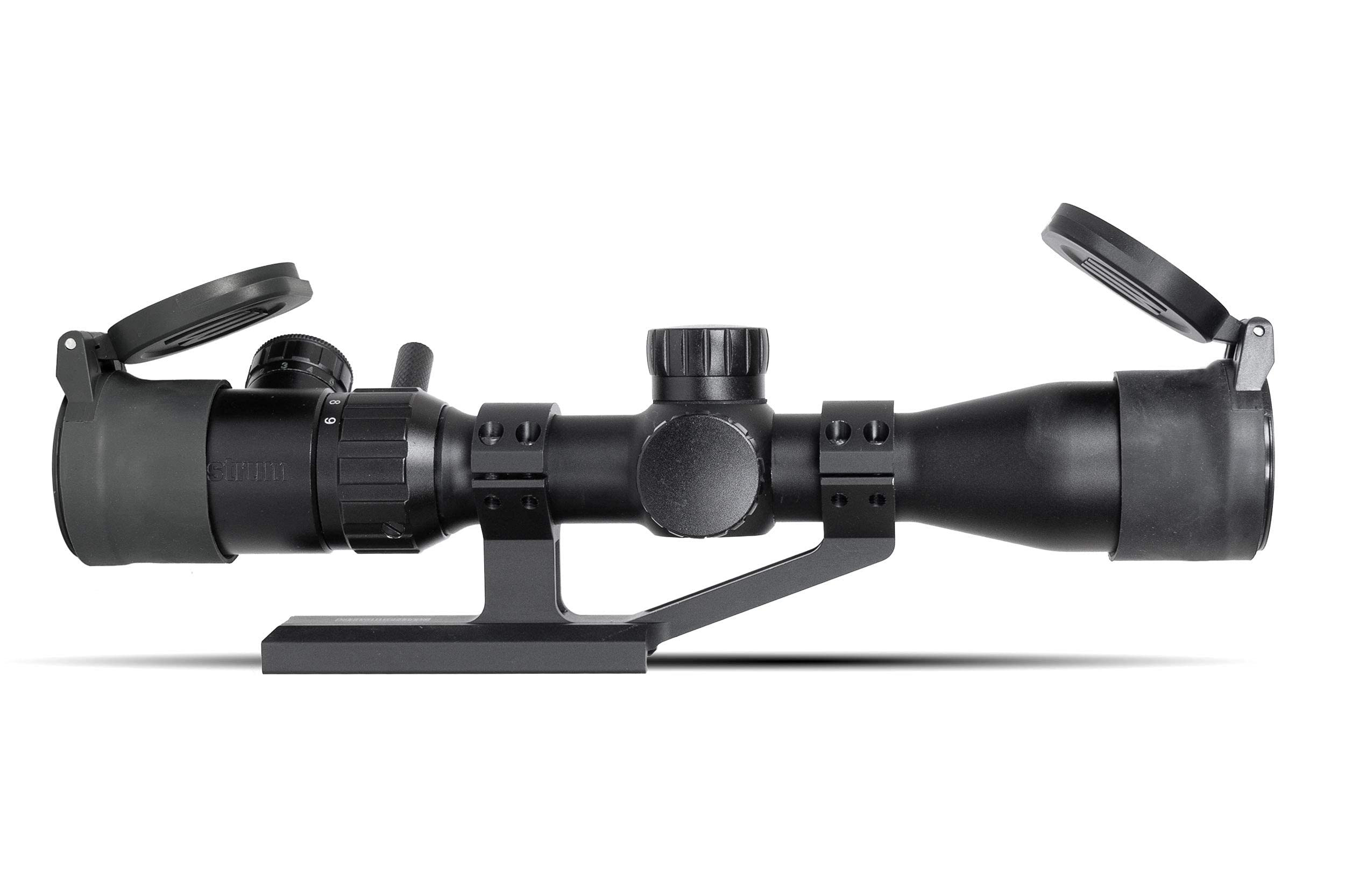 Monstrum 3-9x32 AO Rifle Scope with Illuminated Range Finder Reticle and Parallax Adjustment | ZR255 H-Series Offset Scope Mount | Monstrum Flip Up Lens Cover Set | Bundle