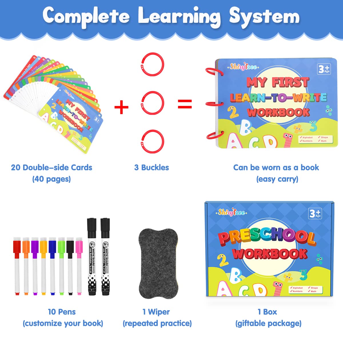 shirylzee Preschool Learning Activities for Kids, 6 Themes Prek Handwriting Practice Activity, Educational Montessori Toys for 3 4 5 6 Year Old Reusable Activity Mats with 2 Dry Erase Markers