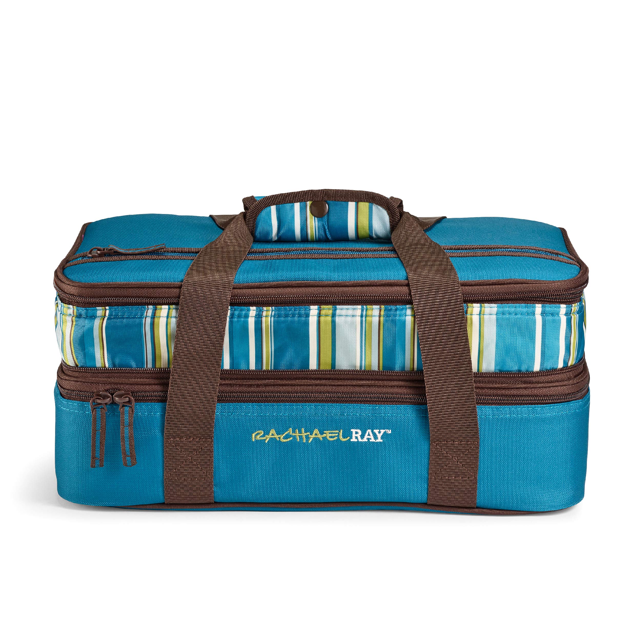 Rachael Ray Expandable Insulated Casserole Carrier for Hot or Cold Food, Thermal Lasanga Lugger Tote for Pockluck, Parties, Picnic, and Cookouts, Fits 9" x 13" Baking Dish, Marine Blue Stripe