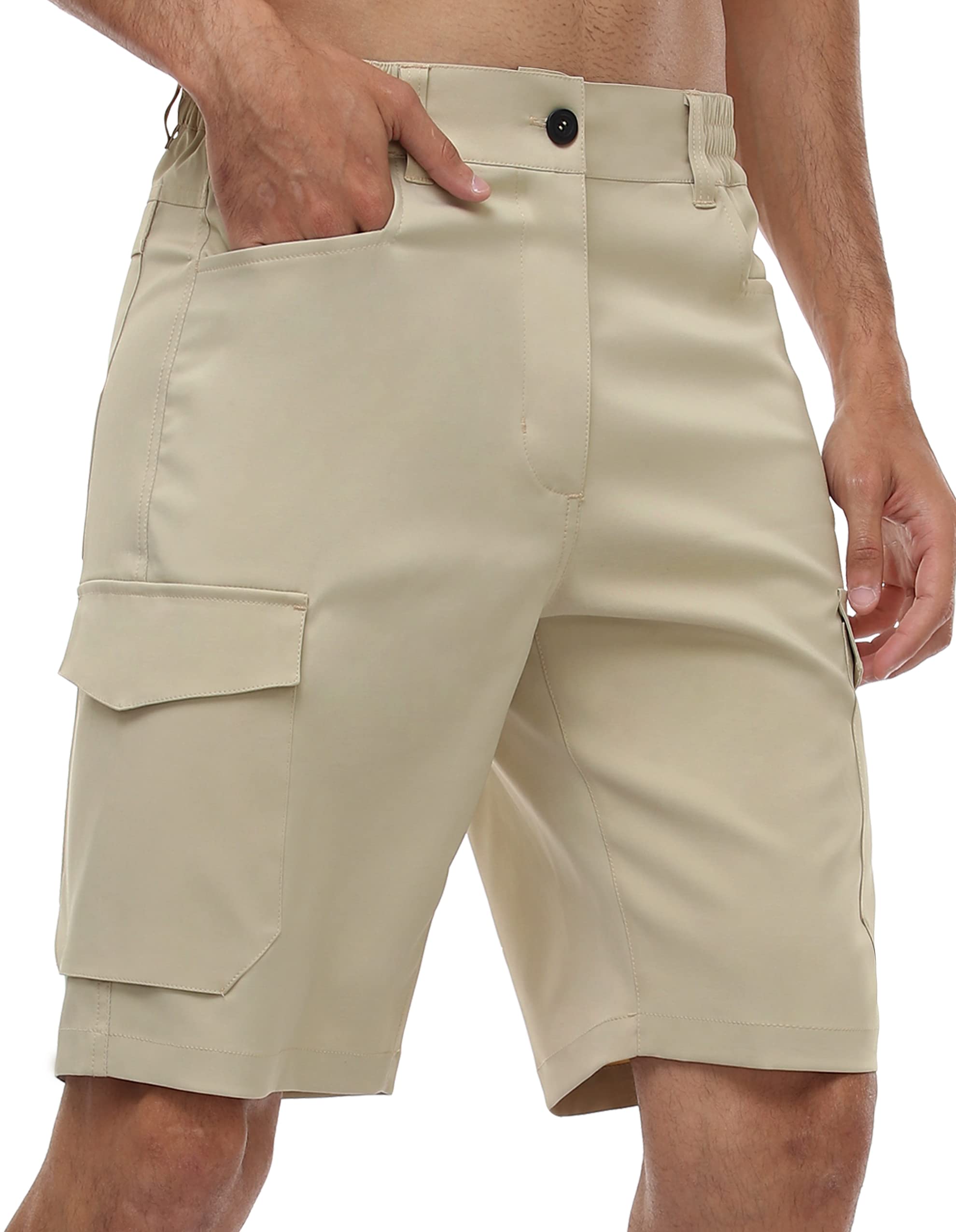 PULI Hiking Shorts Men 10 Inch Inseam Lightweight Cargo Quick Dry Casual Summer Stretch Golf Shorts with Pockets Beige 34