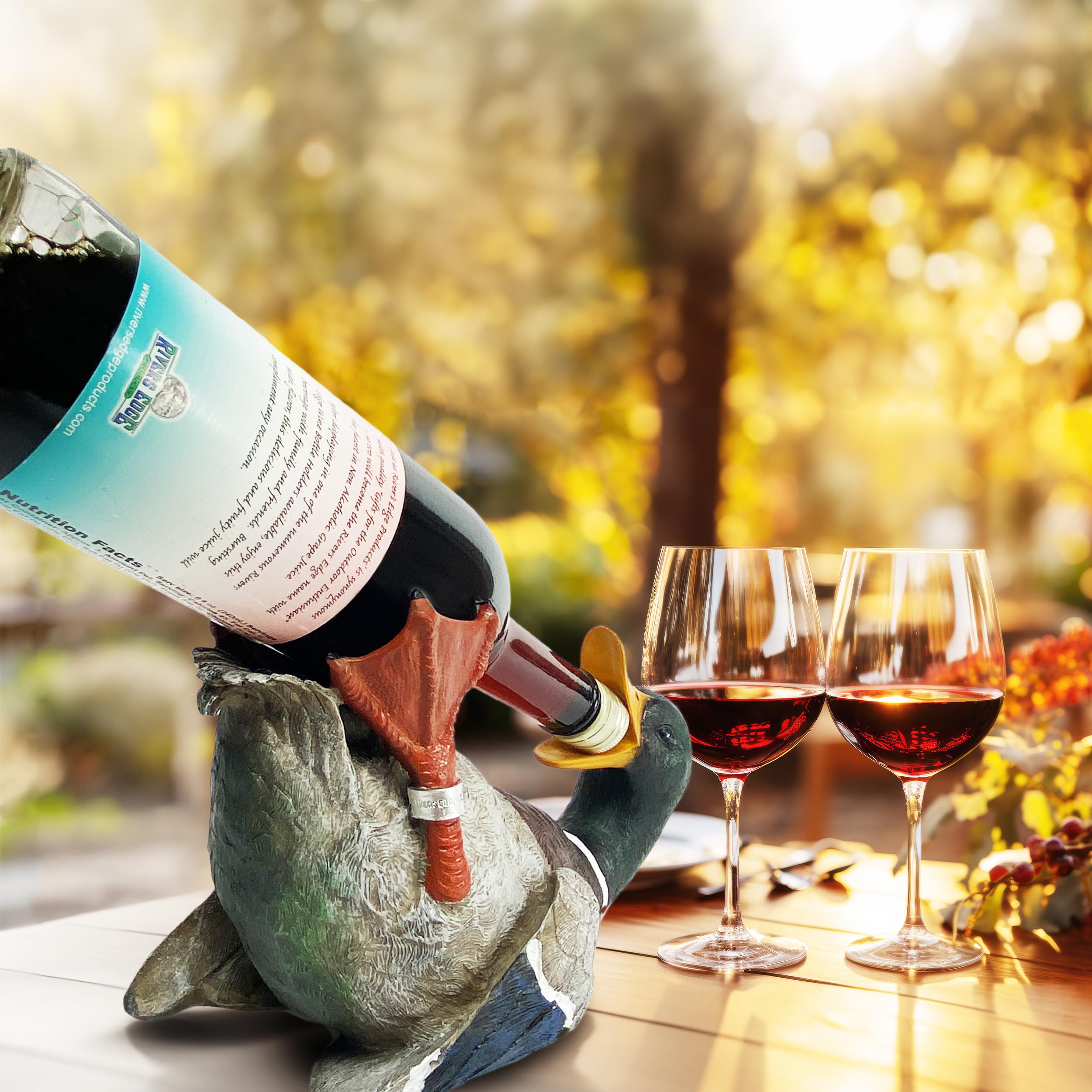 Rivers Edge Products Wine Bottle Holder for 750ml Standard Wine Bottle, Hand-Painted Poly Resin Kitchen Decor, Unique and Rustic Home Decor for Countertop or Wine Bar, Mallard Duck