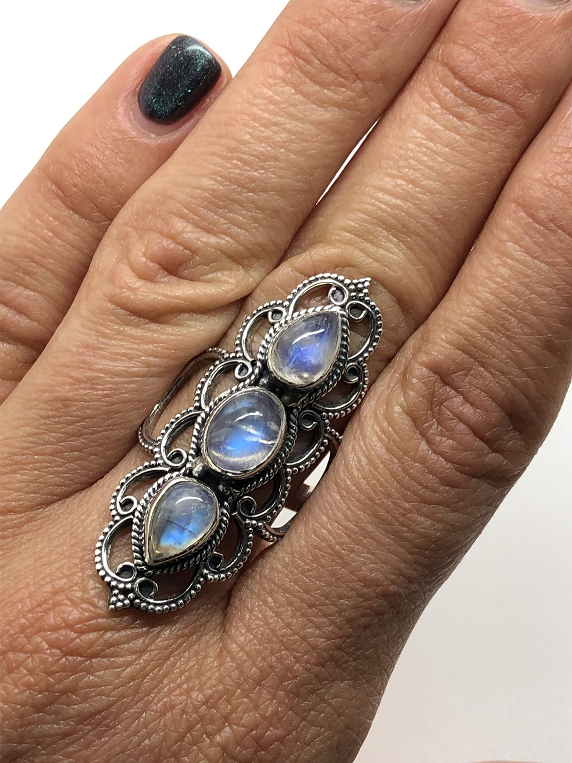Koral Jewelry Moonstone 3 Stones Ethnic Vintge Gipsy Multi Stone Ring 925 Sterling Silver Vintage Tribal Gipsy Boho Chic (7)