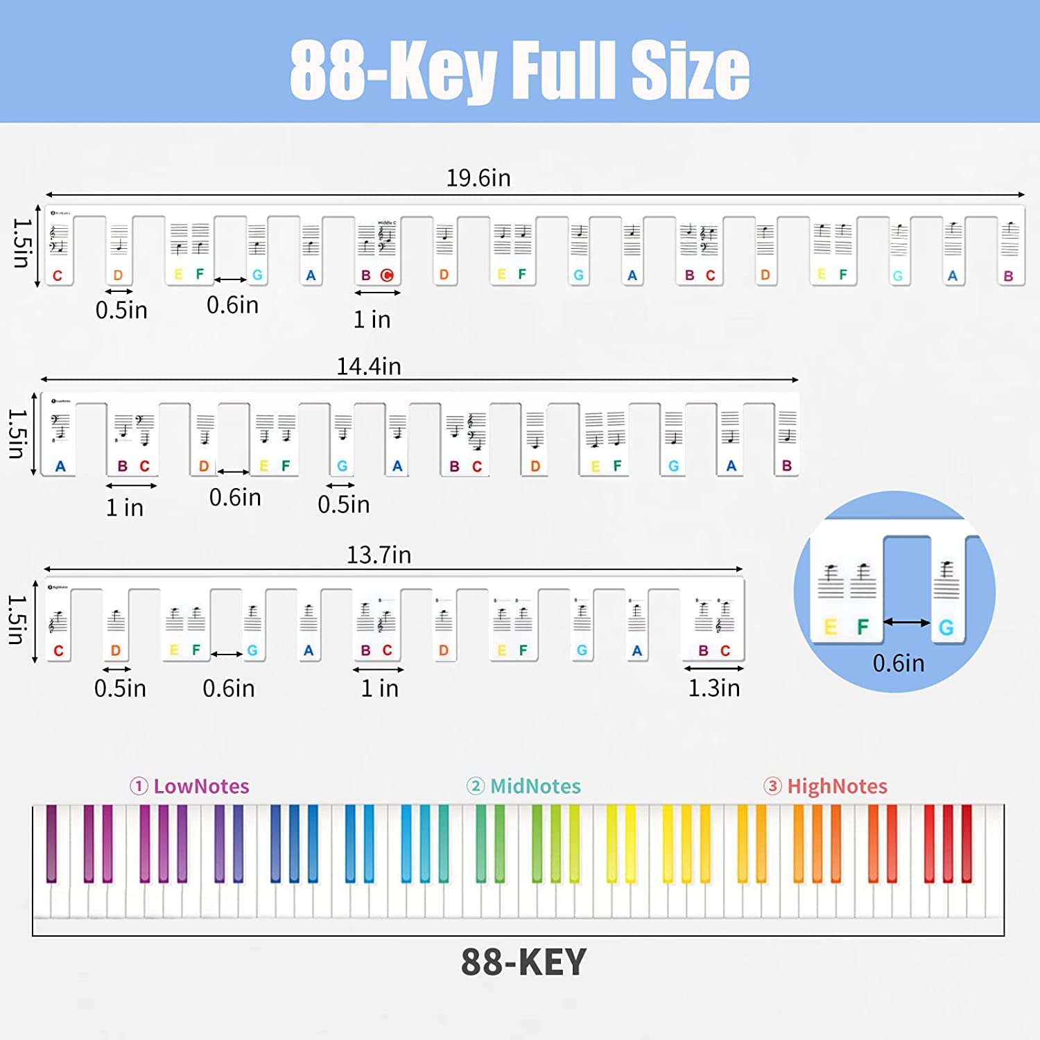 Removable Piano Notes Label for Beginners,Pixi Silicone Piano Notes Labels Guide with Cleaning Brush for Piano Learning Kit, 61/88-Key Full Size Removable Piano Keyboard Note Labels Sticker (Rainbow)