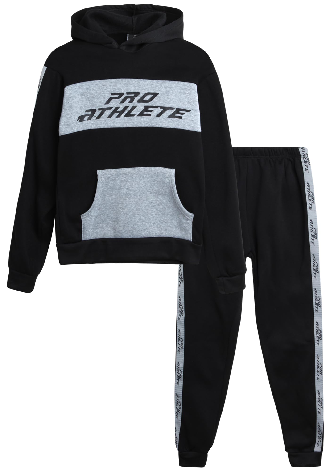 Pro Athlete Boys' Sweatsuit Set - 2 Piece Fleece Pullover Hoodie and Jogger Sweatpants (8-16), Size 8, Black/Heather Grey New