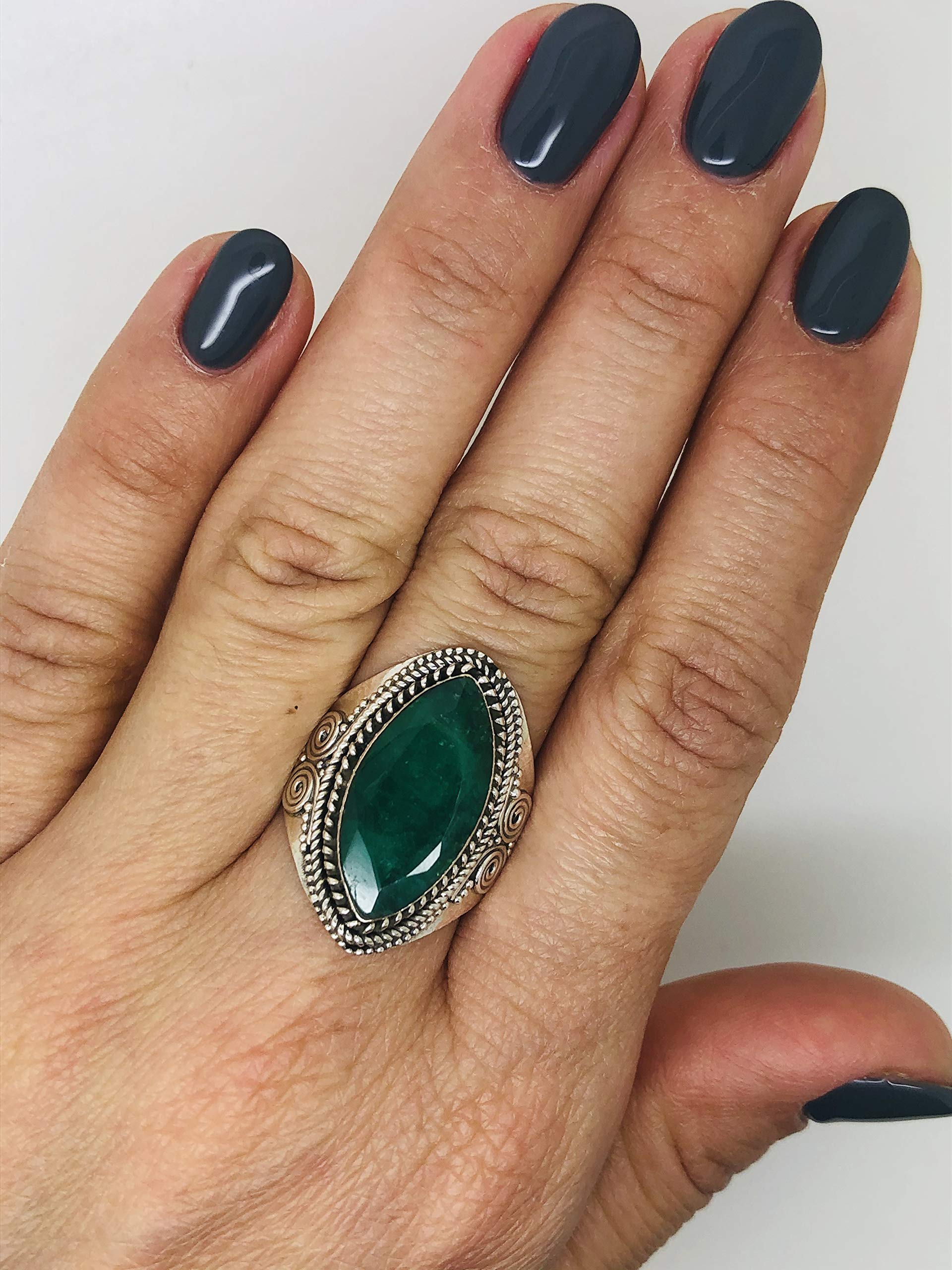 Koral Jewelry Marquise Created Emerald Vintage Gipsy Ring 925 Sterling Silver spiral side tribal Boho Chic (9)