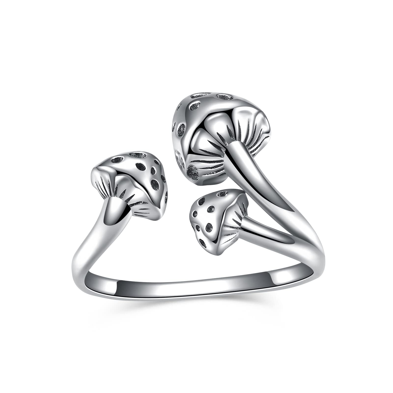 POPLYKE Mushroom Rings For Women Sterling Silver Adjustable Open Ring Jewelry Vintage Cute Cool Nature Ring