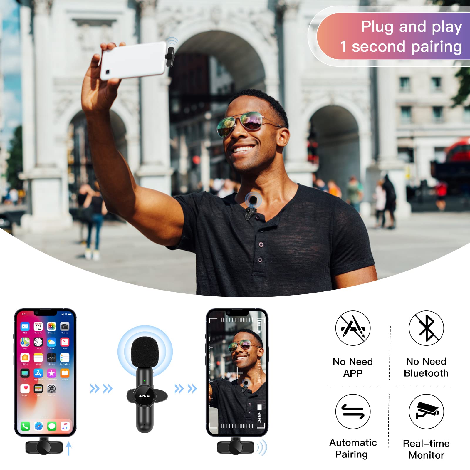 SNZIYAG Wireless Lavalier Microphone for Android Phone,Plug-Play Wireless Mic for video Recording,Professional Lav Mic for YouTube,TikTok,Clip-on Microphones for Live Streaming,Auto Sync/No APP(USB-C)
