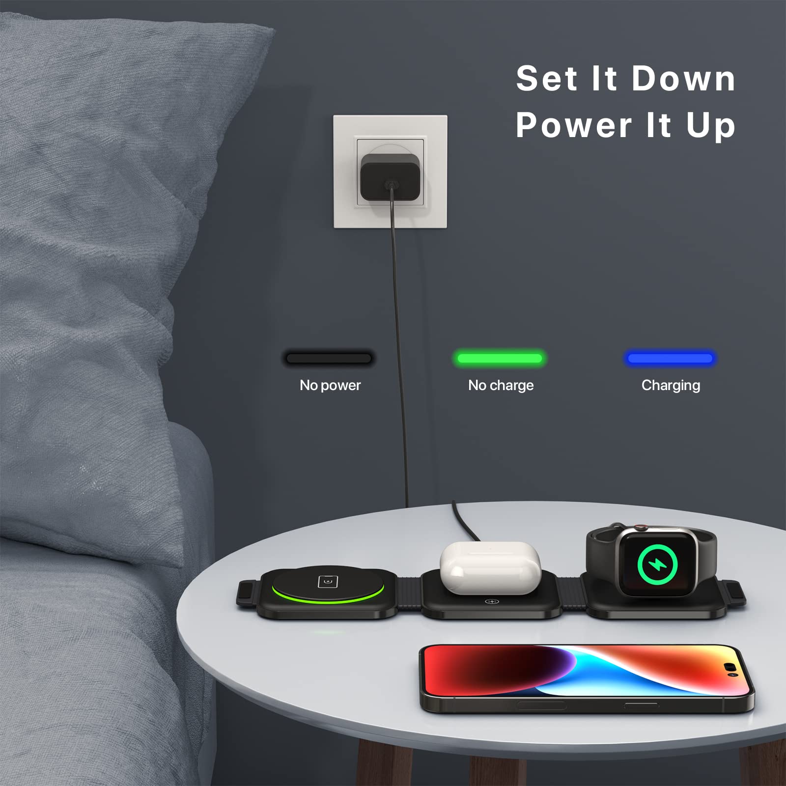 Wireless Charging Station,Foldable 3 in 1 Travel Wireless Charger,Fast Mag-Safe Charger for iPhone 14/13/12,AirPods 2/3/Pro,for Apple Watch(with Adapter)