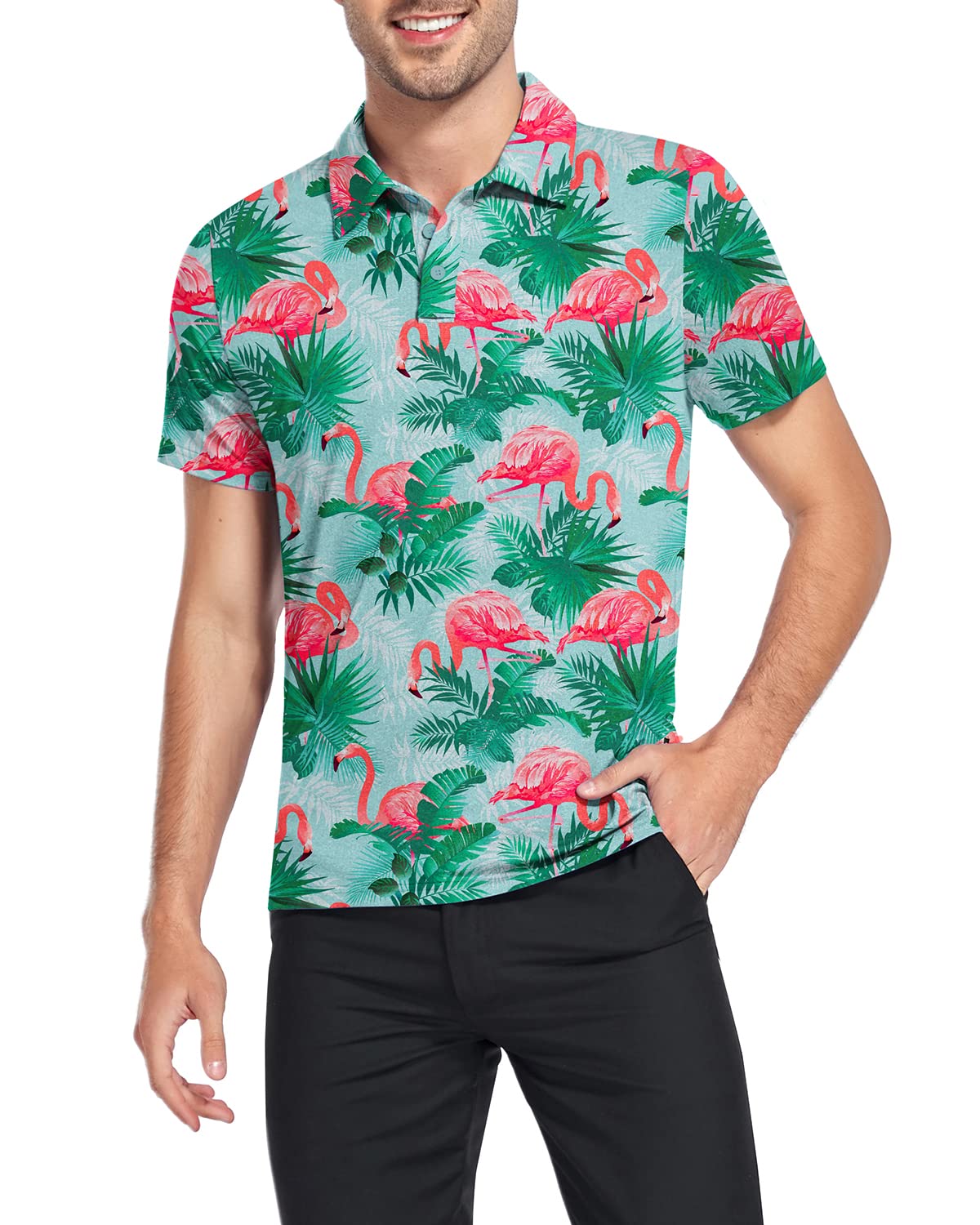 Soneven Men Short Sleeve Golf Shirts Polo Shirts Print Performance Moisture Wicking Golf Polos for Mens Flamingos