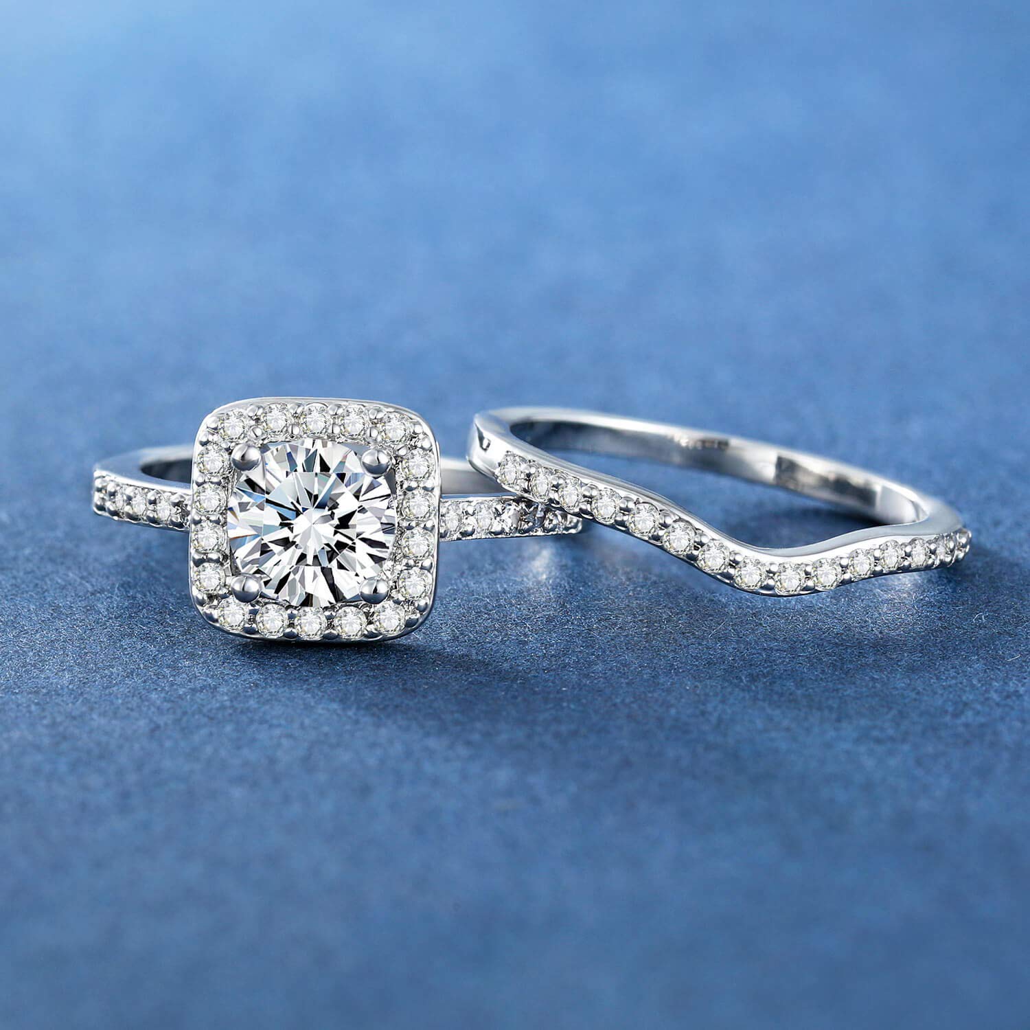 MDFUN 18K White Gold Plated Cubic Zirconia Two-In-One Halo Wedding Engagement Promise Eternity Ring for Women Size 7.5