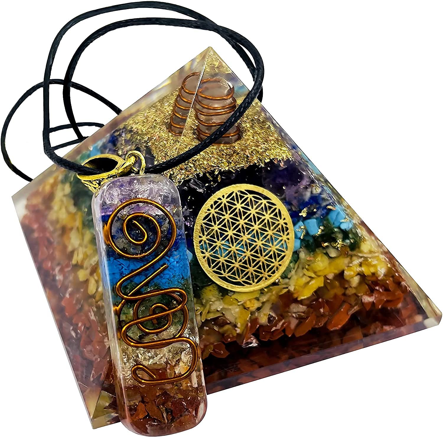 Orgone Pyramid Layer Seven Chakra for Chakra Balance - Reiki Healing Positive Energy Generator Pyramid - Yoga Meditation Energy Pyramid - E- Energy Protection Crystal Pyramid for Home Office Decor