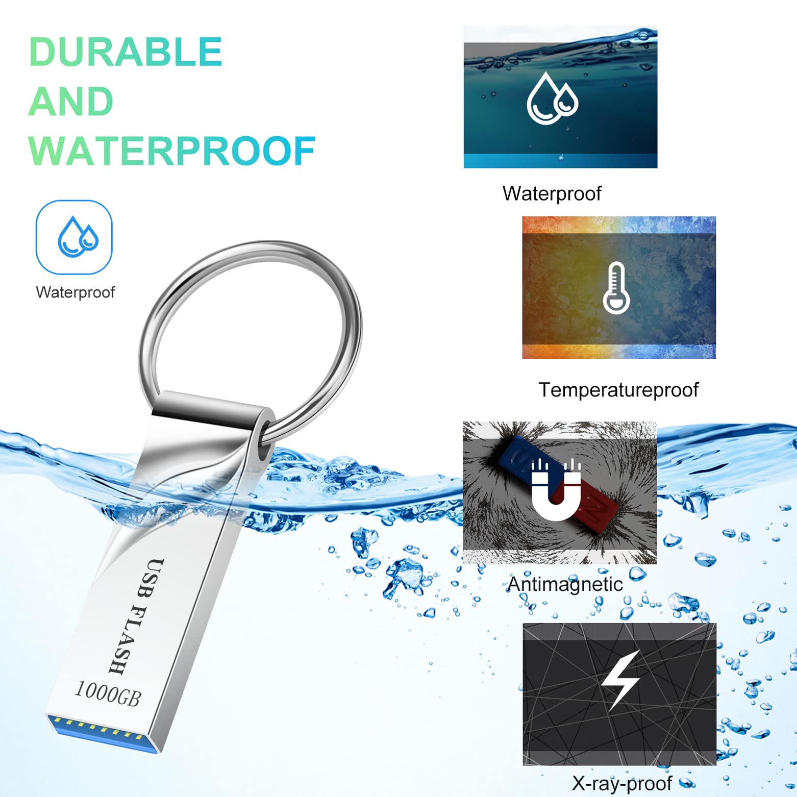 Umeway Flash Drive 1TB Memory Stick Waterproof Thumb Drive Metal Portable USB Drive Jump Drive for Data Storage USB Stick with Keychain for PC Laptop Computer