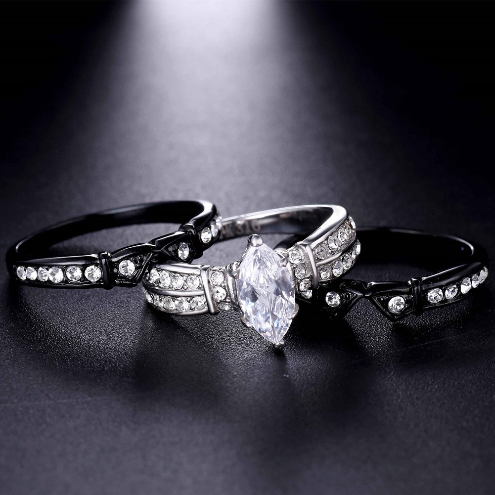 MABELLA Black Wedding Engagement Ring Set Stainless Steel Marquise Cz Gifts for Women, Size 8