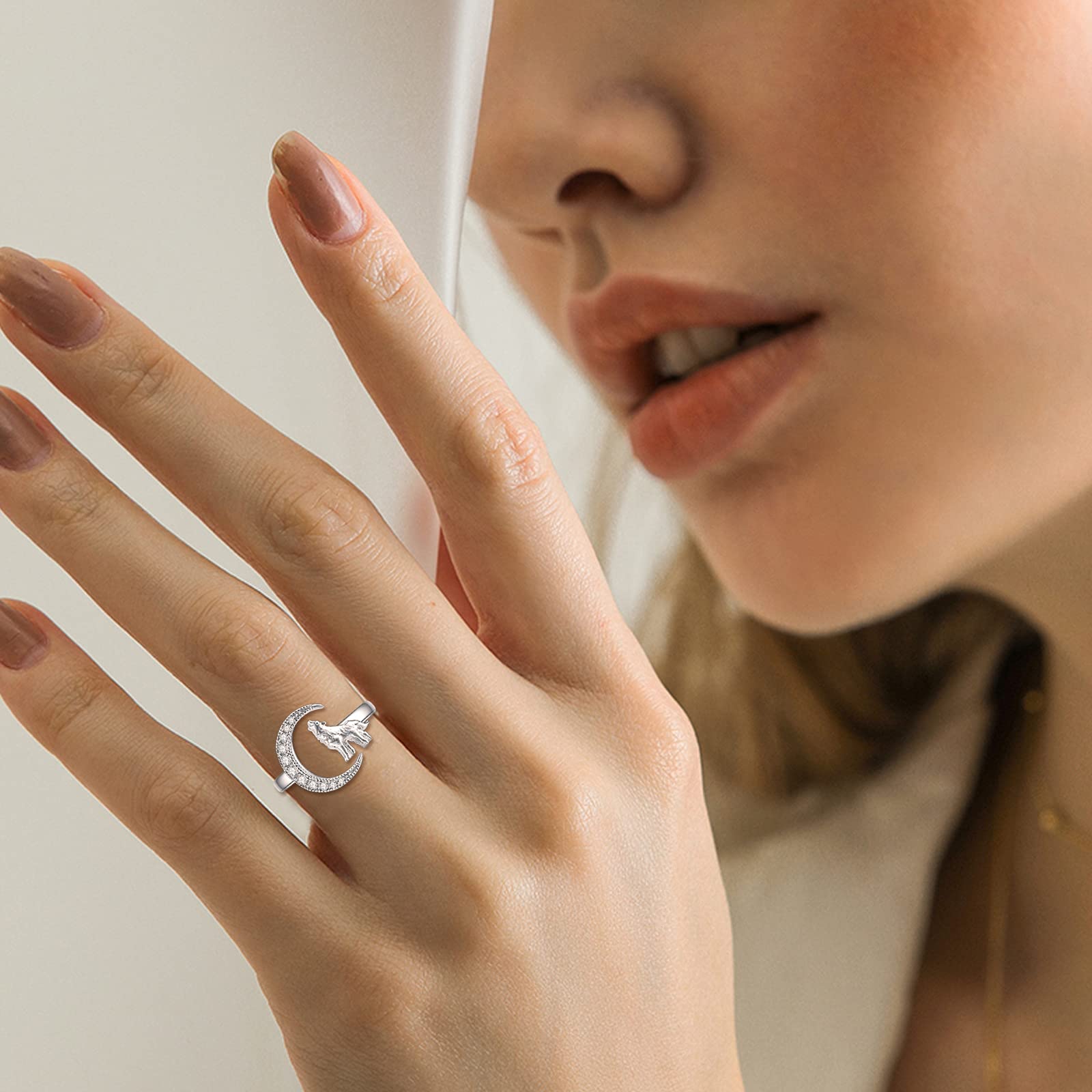 POPLYKE Wolf Moon Ring for Women 925 Sterling Silver Crescent Moon Wolf Ring Jewelry Gifts for Women